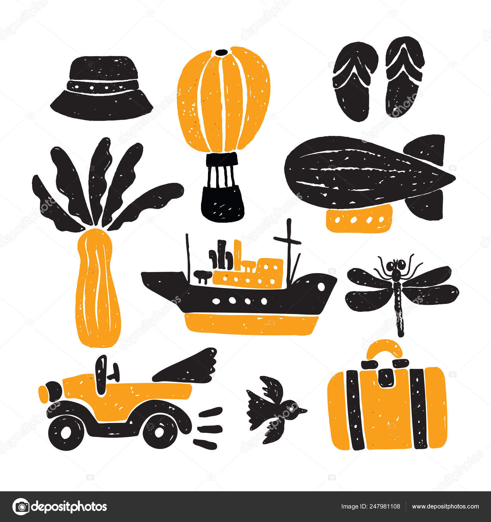 Hand drawn set of different traveling elements. Sketch. Made in vector ...