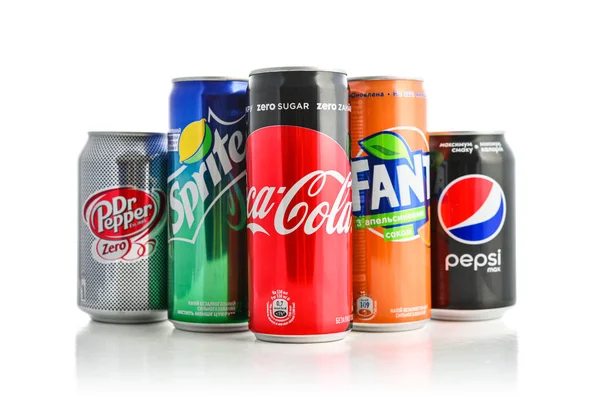 Group of various soda drinks in aluminum cans isolated on white – Stock ...