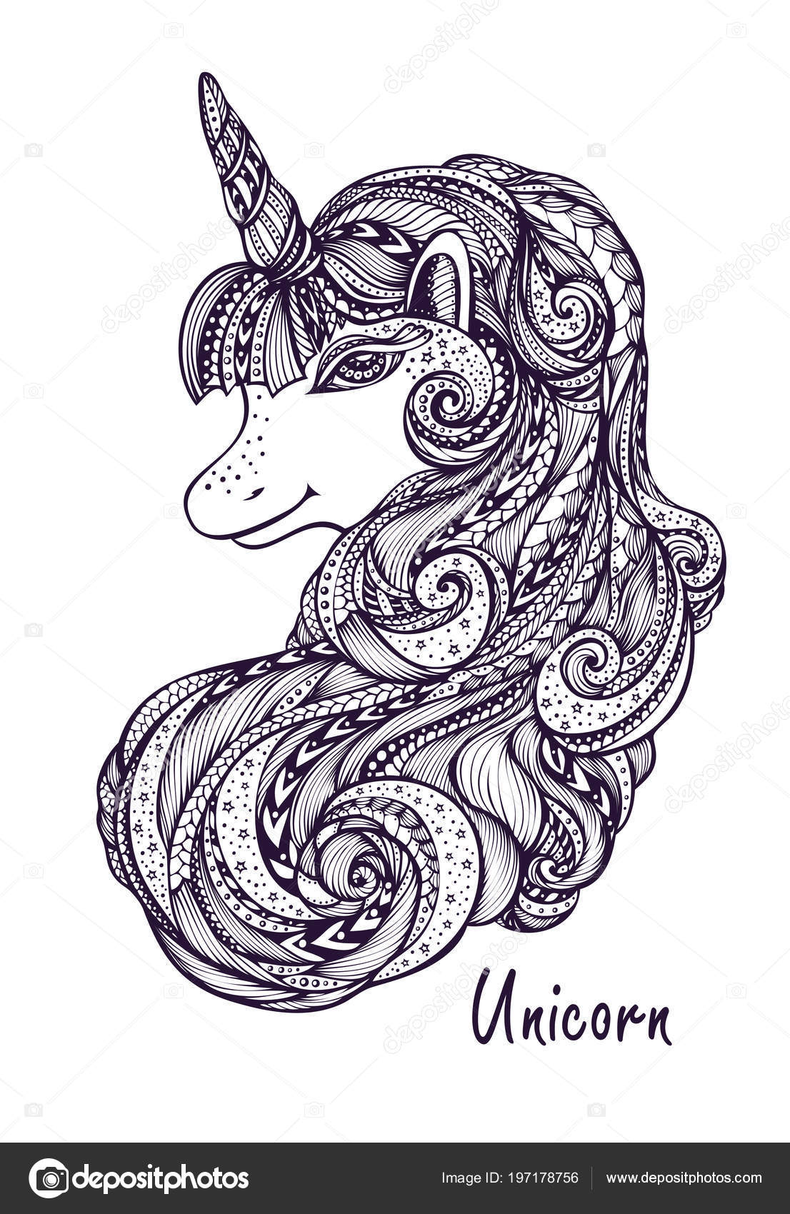 Decorative Ornamental Zen Tangle Zen Doodle Unicorn Black White Made ...