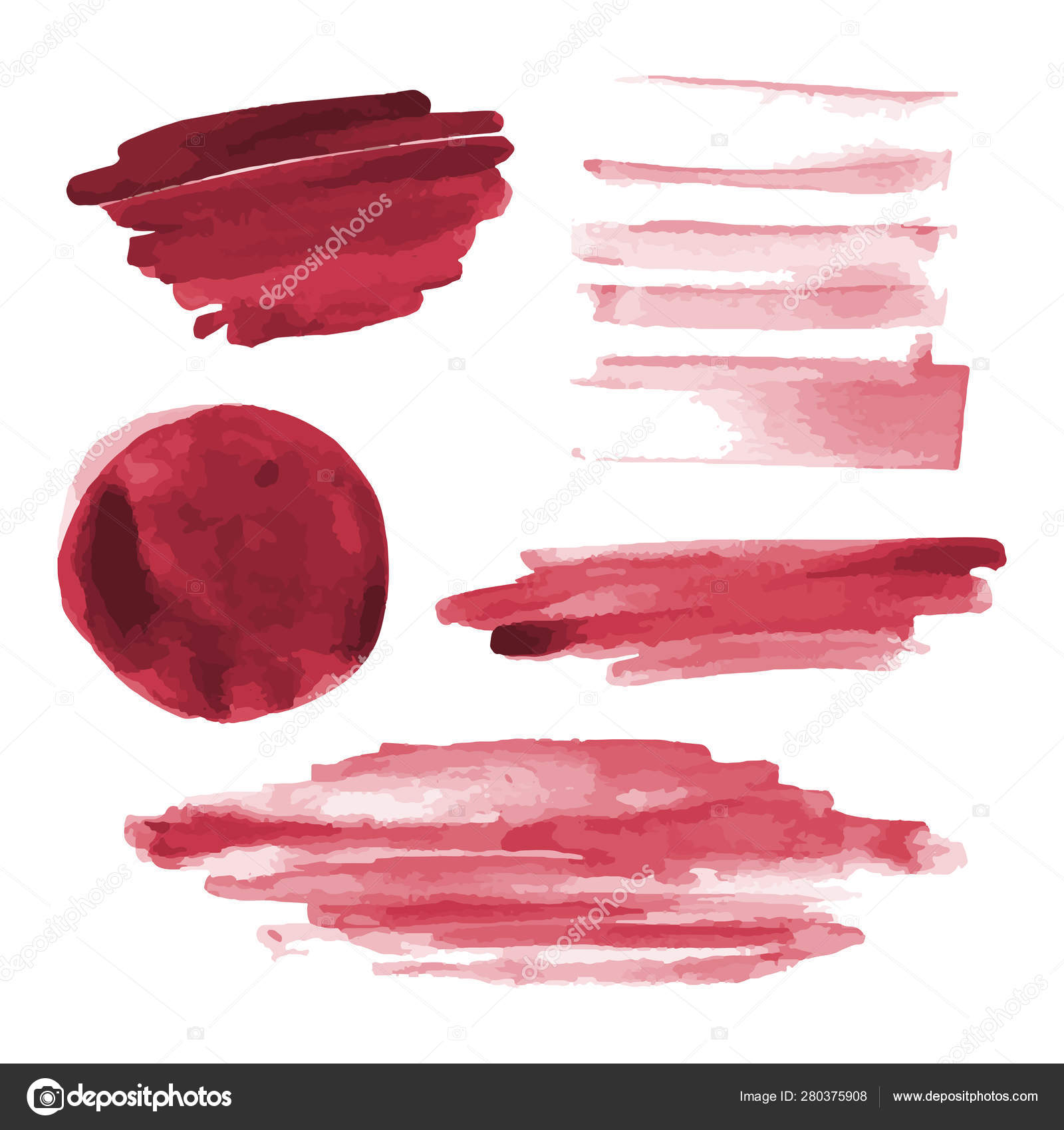 Red watercolor shapes, splotches, stains, paint brush strokes. Abstract ...