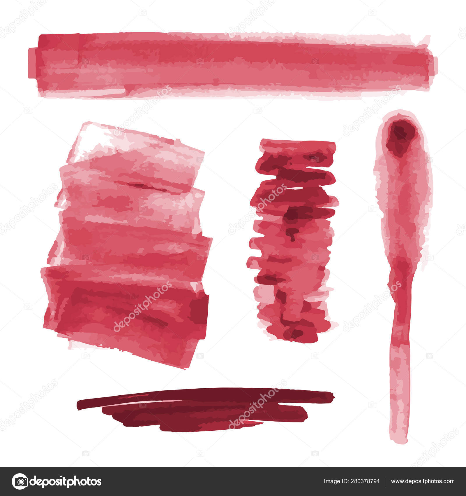Red watercolor shapes, splotches, stains, paint brush strokes. Abstract ...
