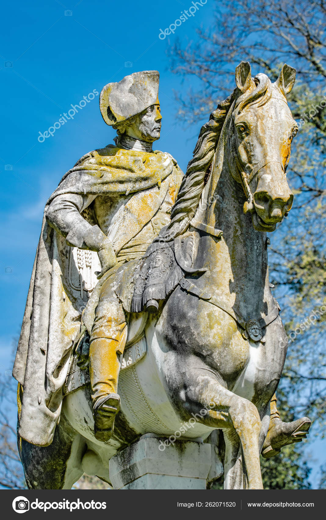 Very old statue of Prussian King Frederick the Great covered wit ...