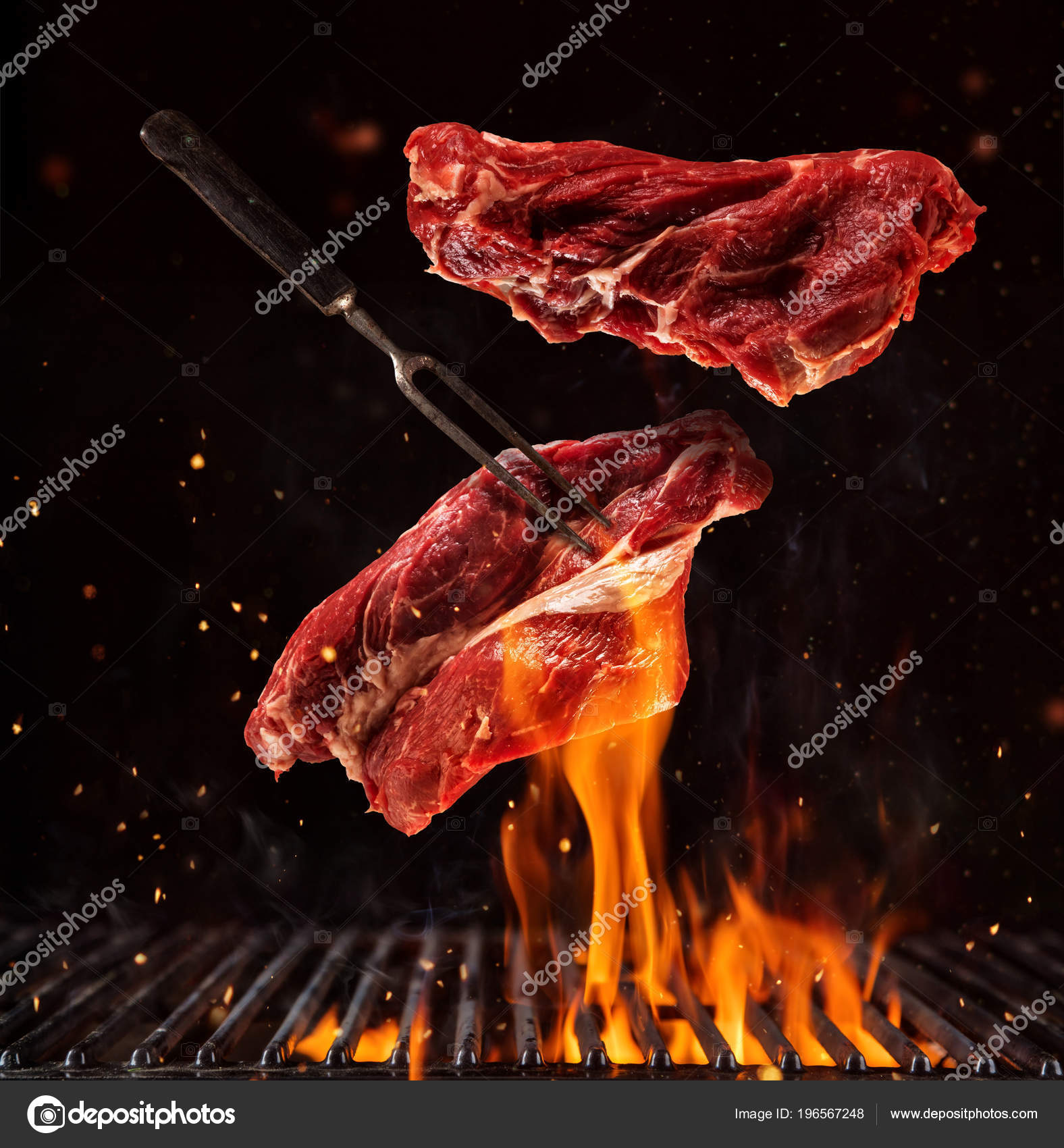 Flying Pieces Beef Steaks Grill Grid Isolated Black Background Concept ...