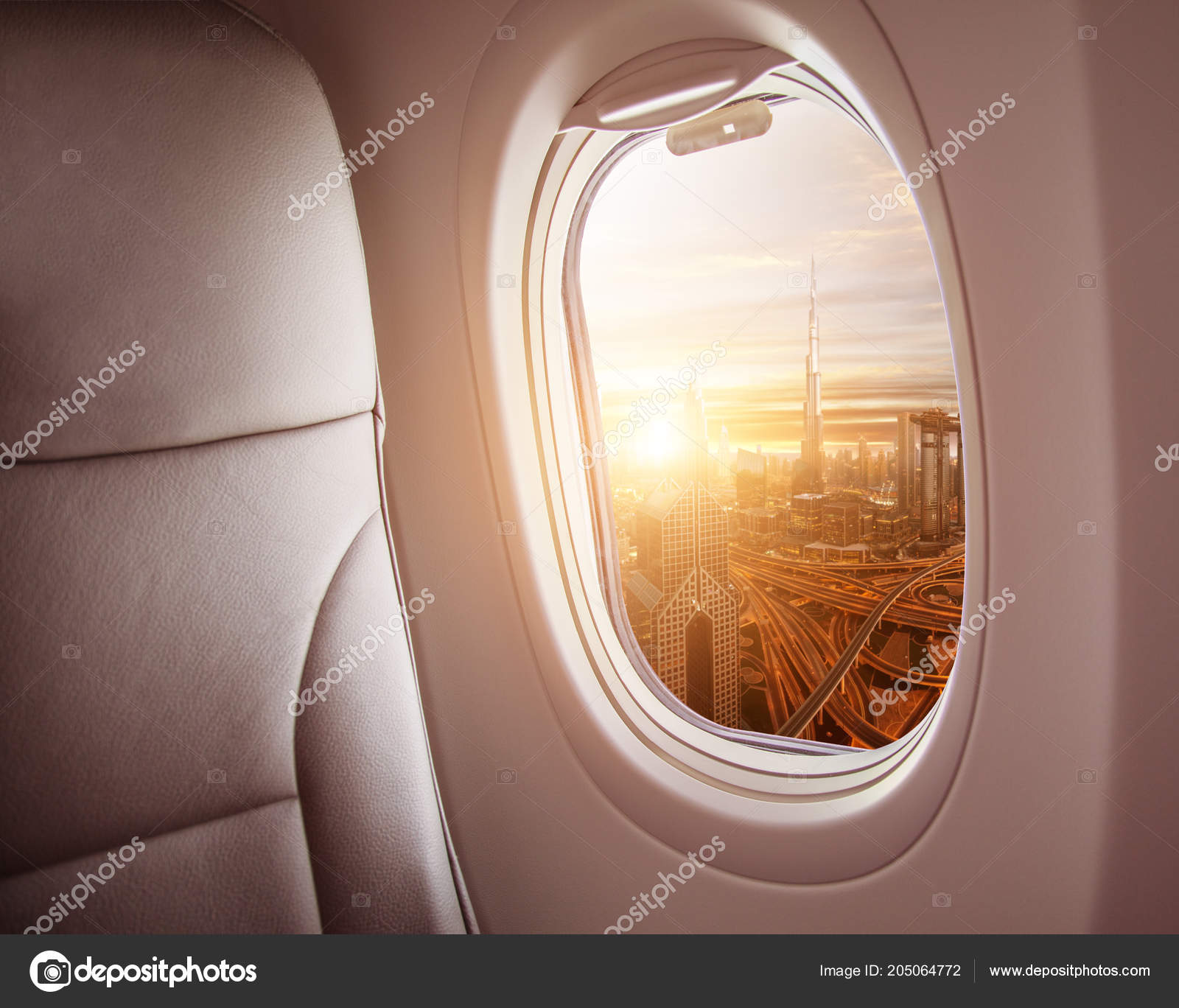 Airplane Interior Window View Dubai City Uae Concept Travel Air — Stock ...