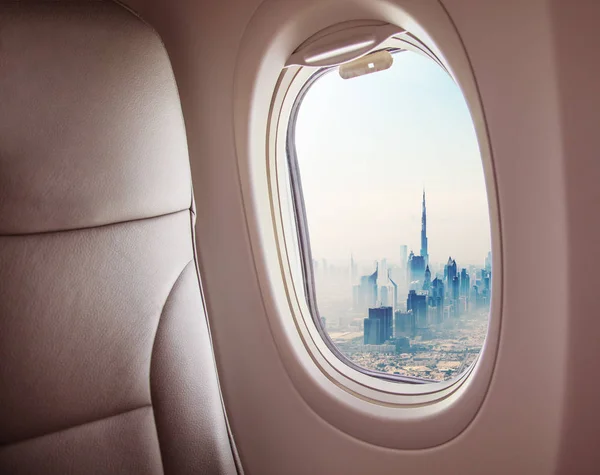 Airplane Interior Window View Dubai City Uae Concept Travel Air — Stock ...