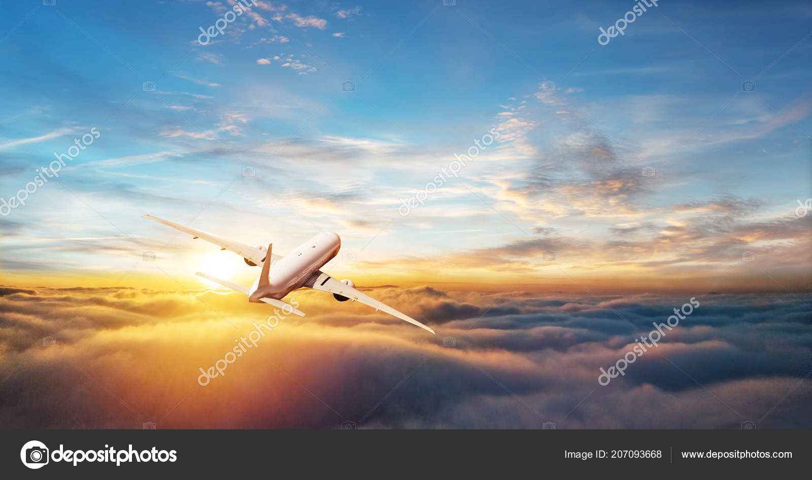 Back View Commercial Airplane Flying Clouds Copyspace Text — Stock ...