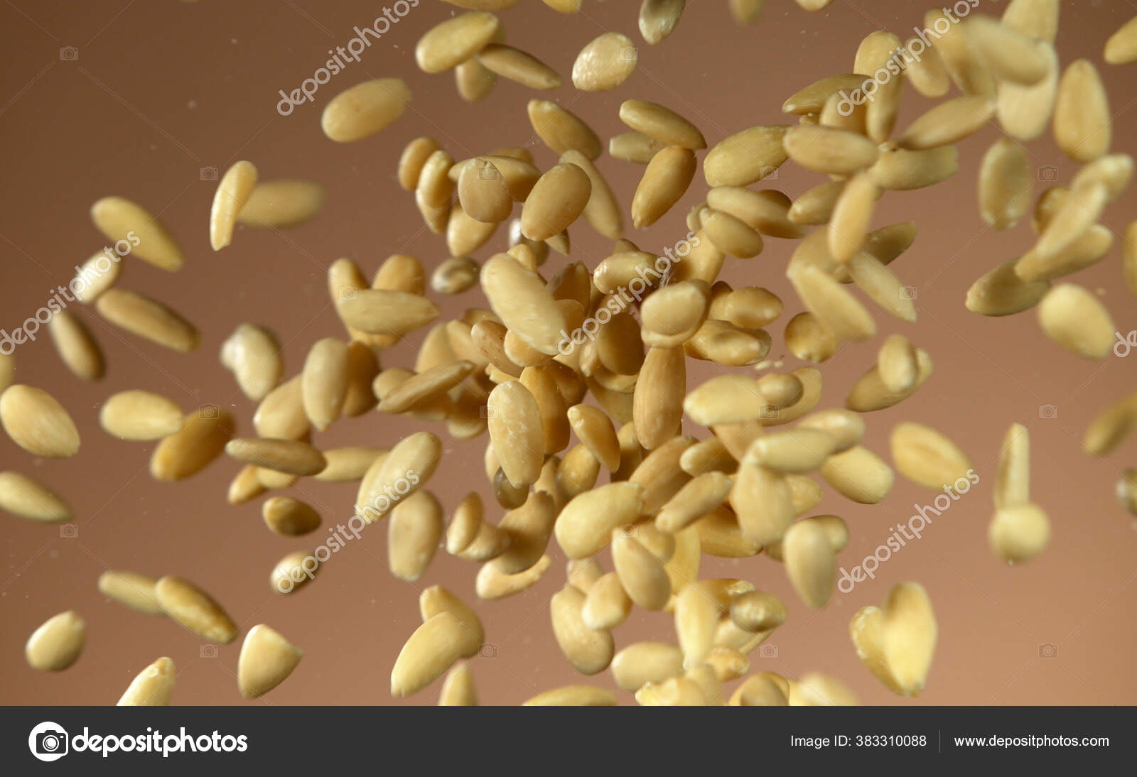 Realistic Freeze Motion Flying Almonds Brown Background Stock Photo by ...