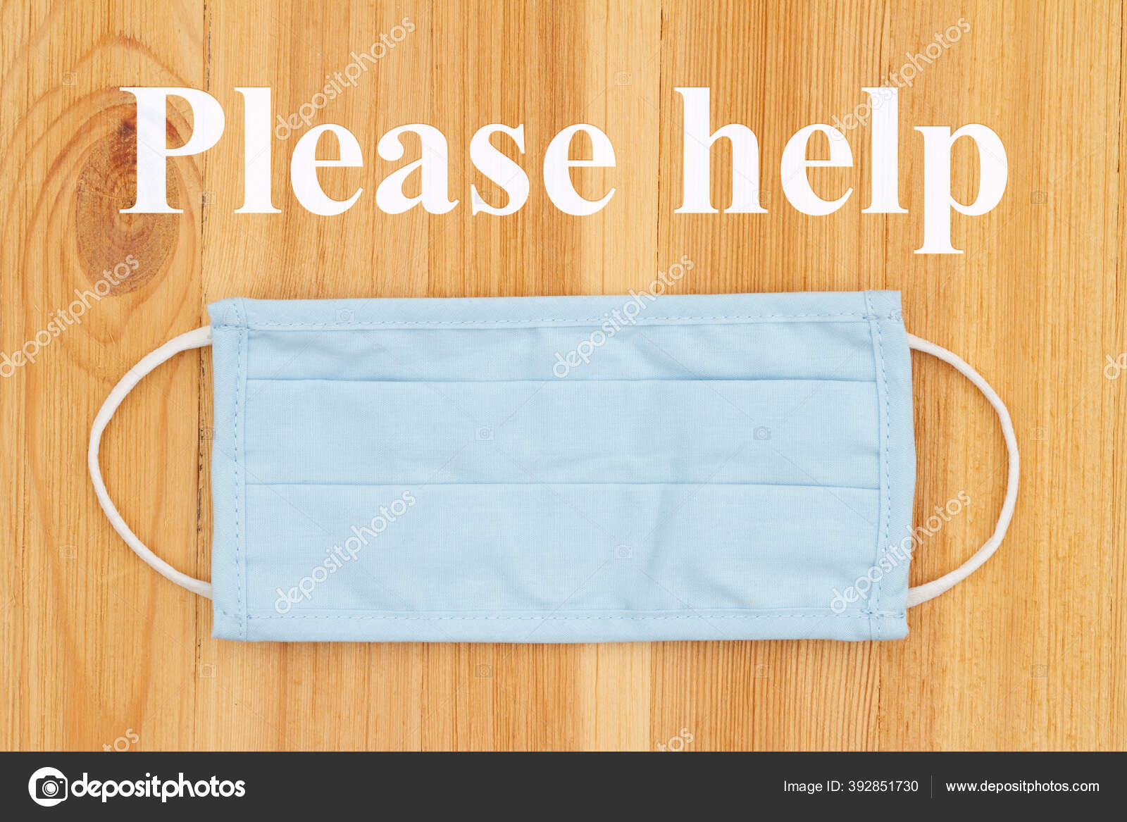 Please Help Word Message Blue Cloth Face Mask Wood Desk Stock Photo by ...