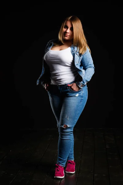 Plus size model with big breast and deep decollete, fat woman on white ...