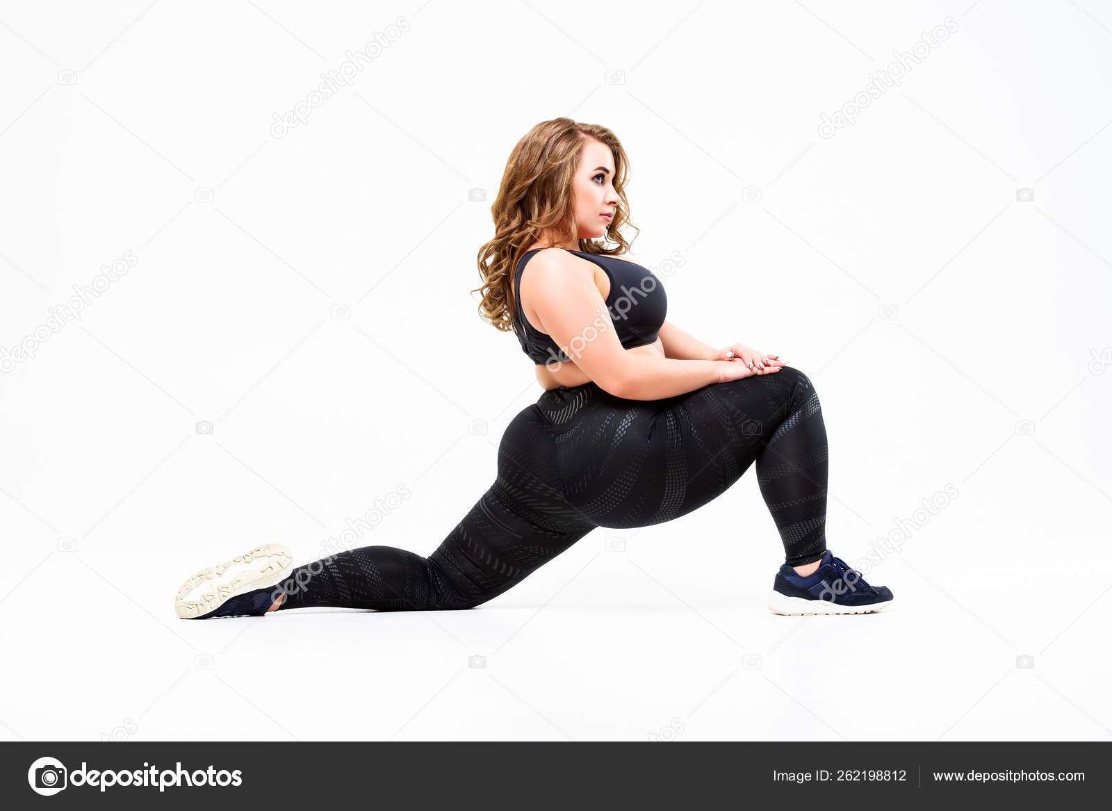 Plus size model in sportswear, fat woman doing workout on white ...