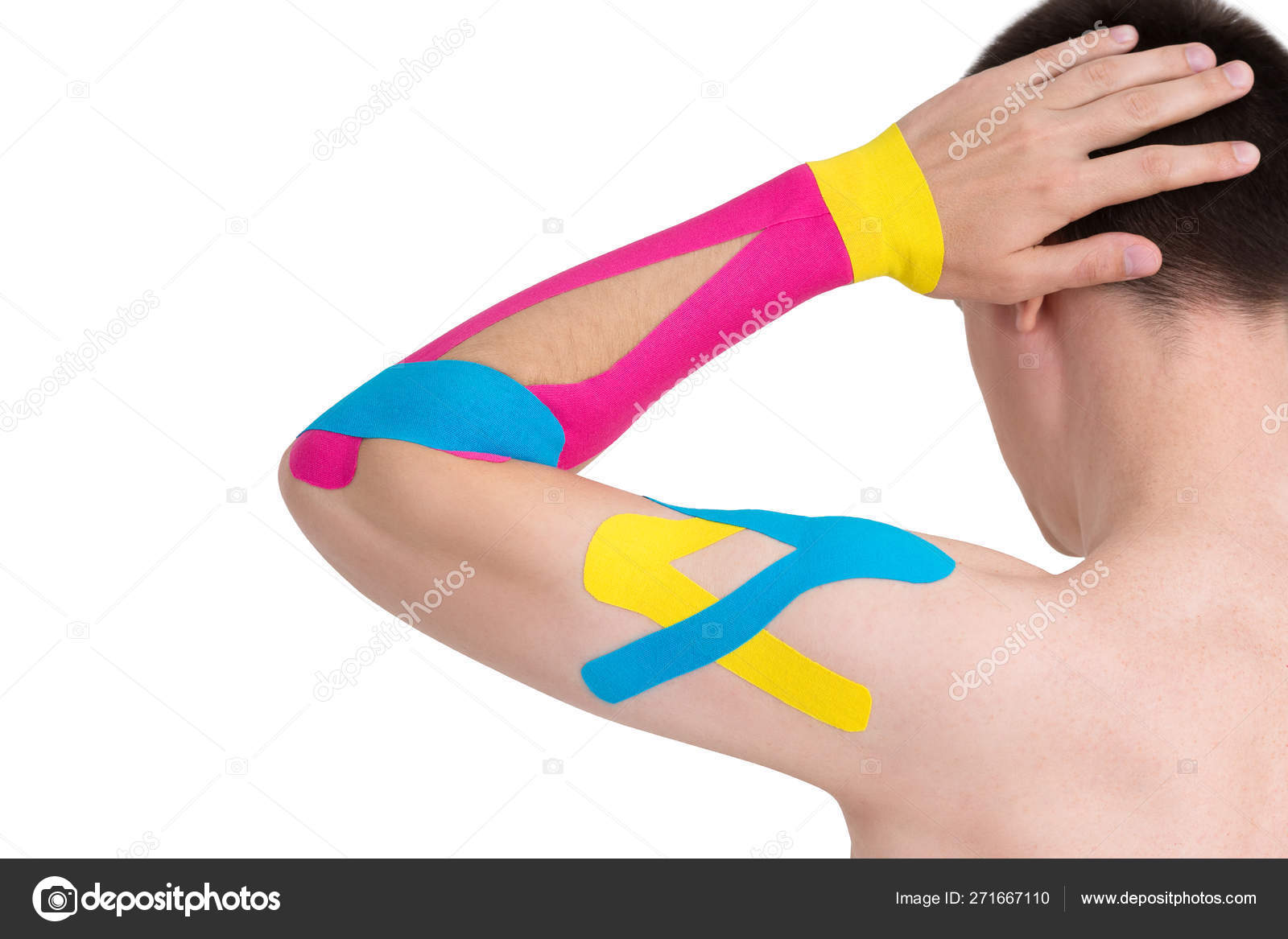 Kinesiology taping on human hand, isolated on white background Stock ...