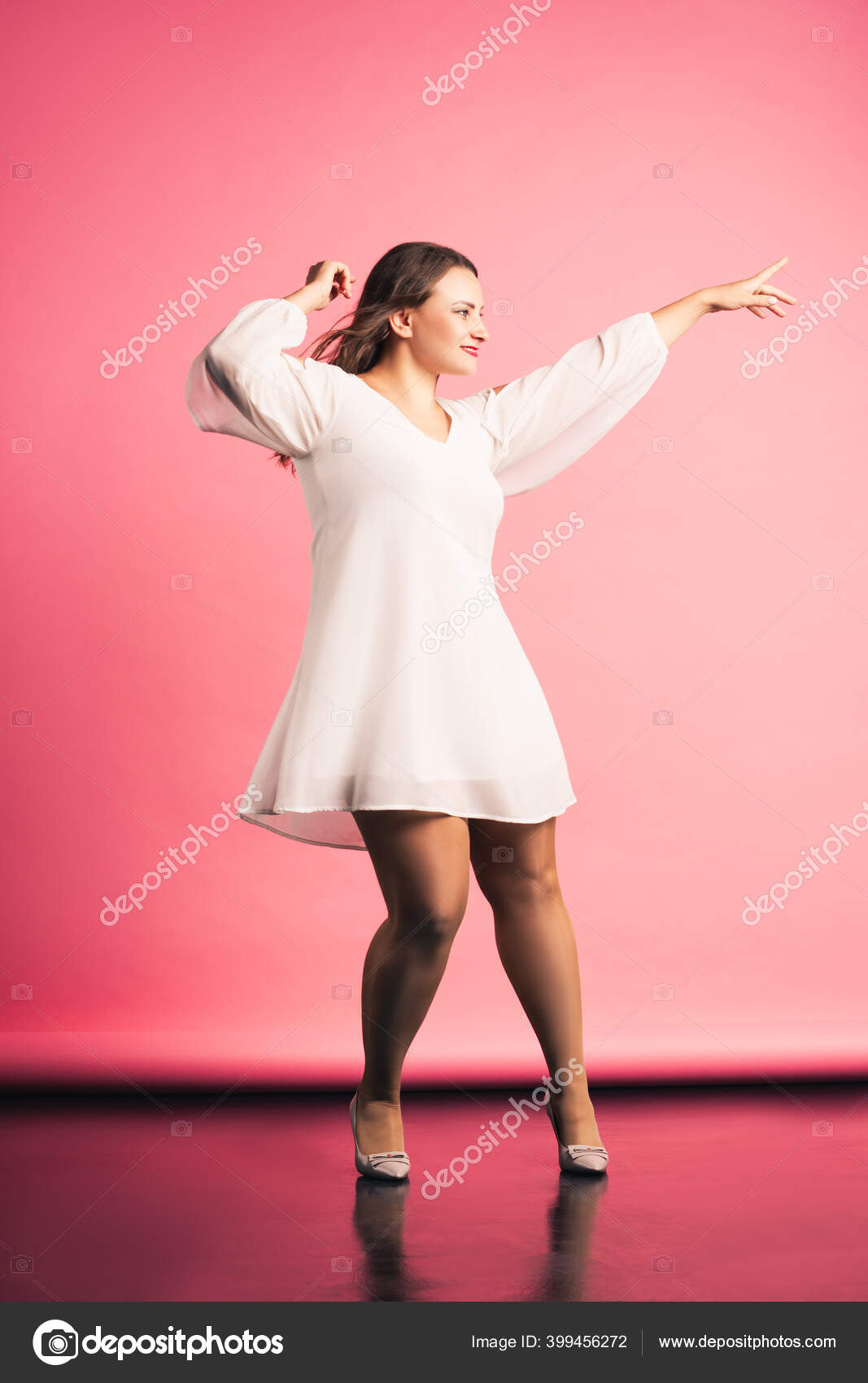 Happy Size Fashion Model White Dress Dancing Pink Background Body ...