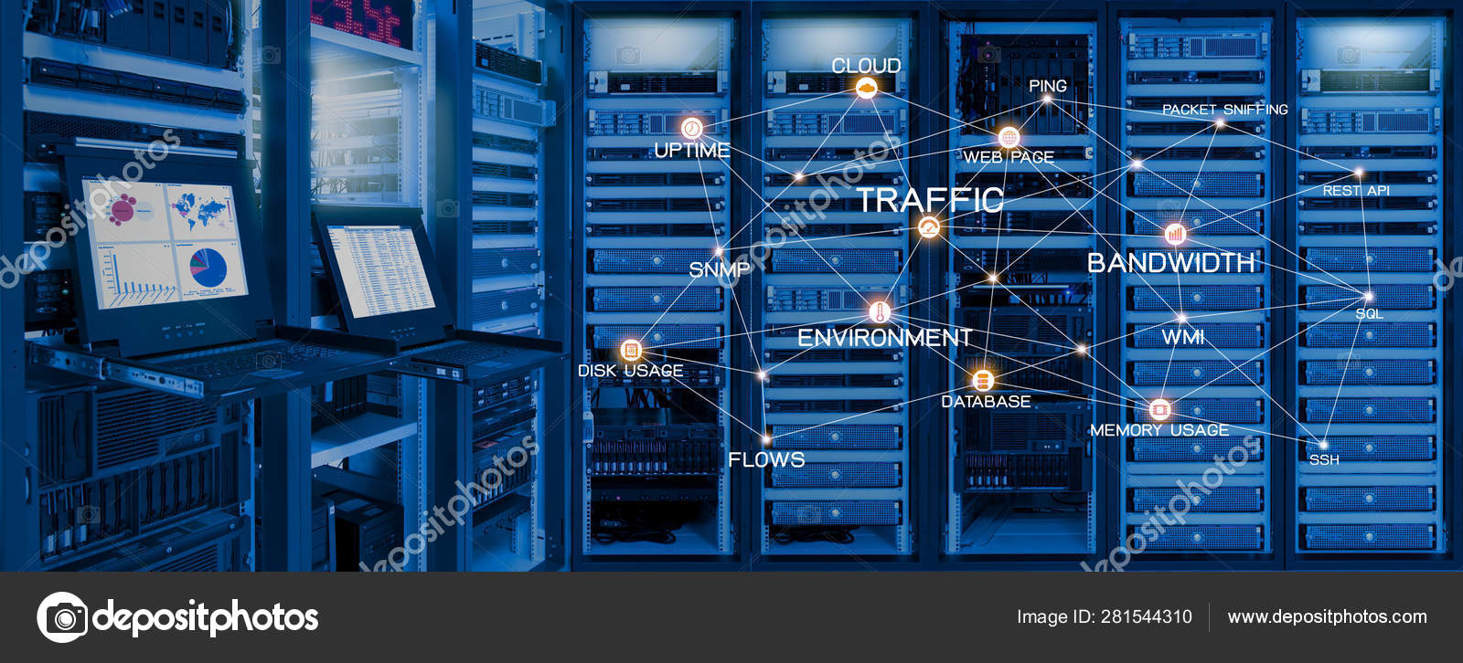 Network monitoring concept, connection monitoring services icon on data ...