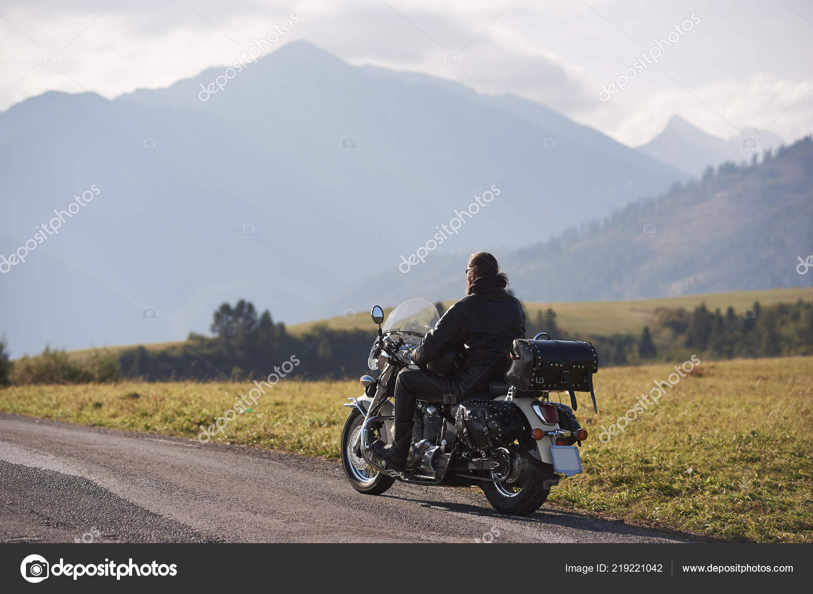 Back View Biker Black Leather Jacket Riding Cruiser Motorcycle Road ...