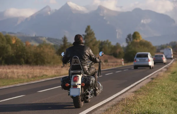 Back View Biker Black Leather Jacket Riding Motorcycle Road Blurred ...
