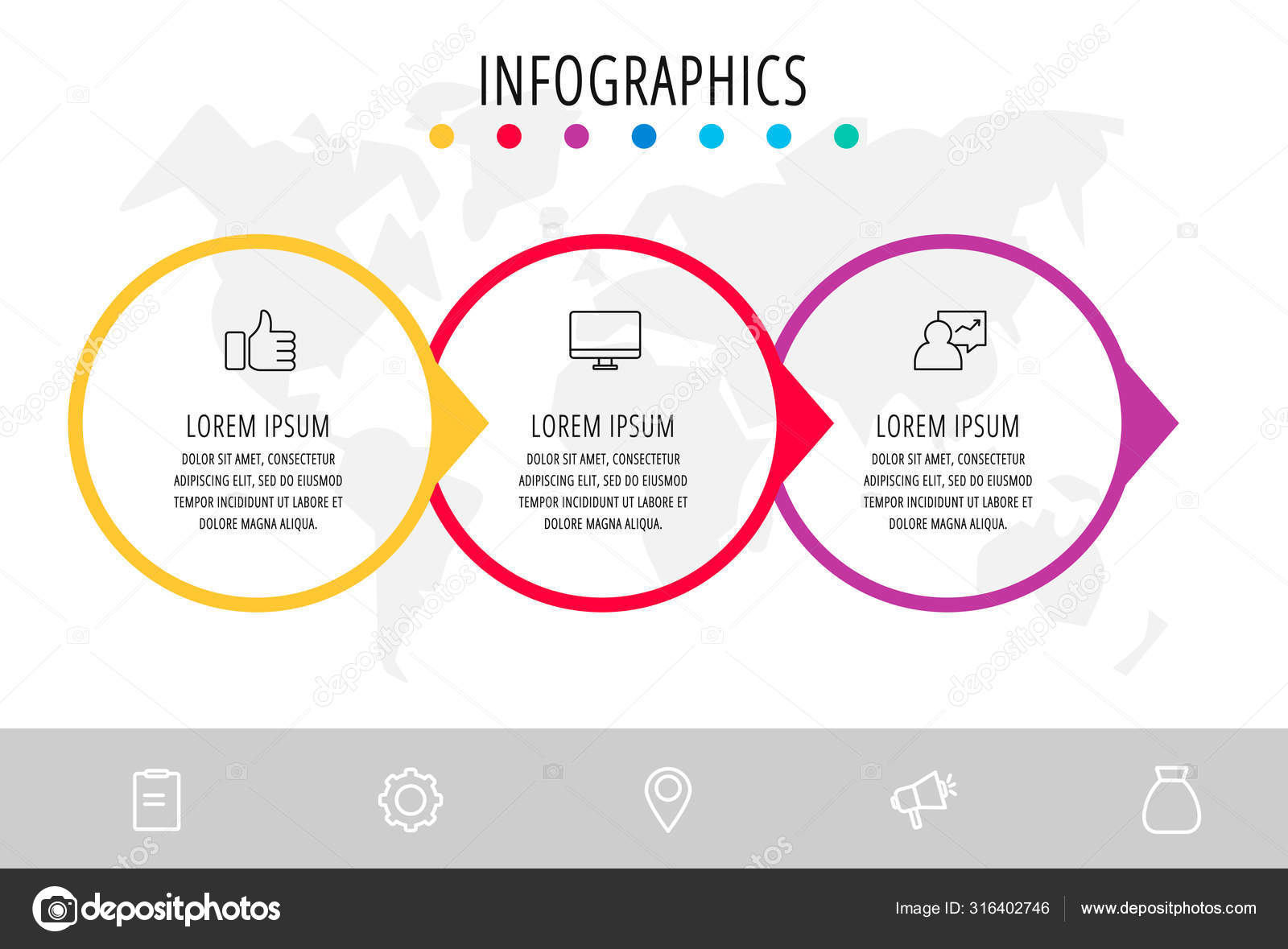 Vektor infographic platt mall. Cirklar med pil för tre diagram, diagram ...