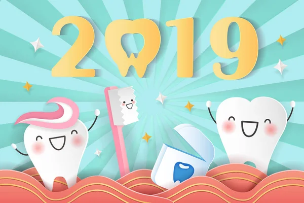 Cute Cartoon Tooth Character Set Circle Shape Happy New Year Stock ...