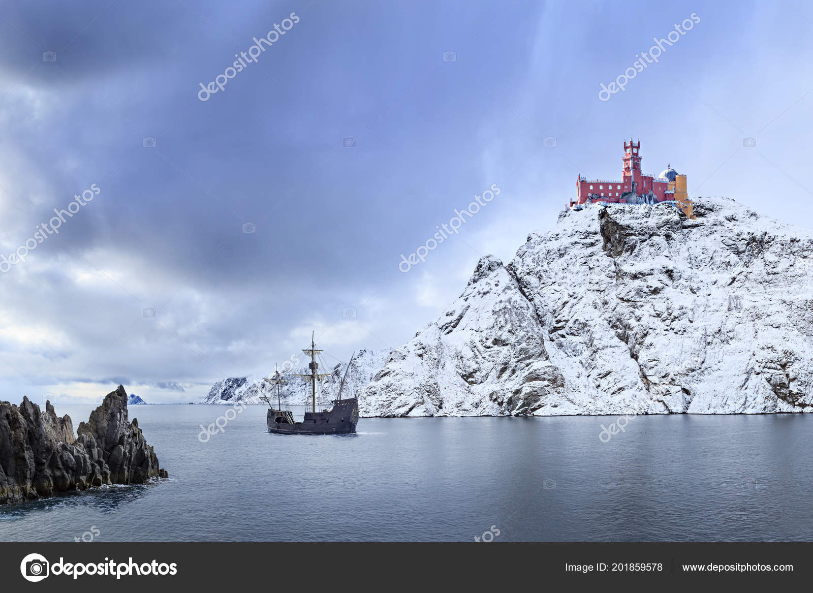 Fantasy Landscape Northern Land Castle Sailing Ship Stock Photo by ©val ...