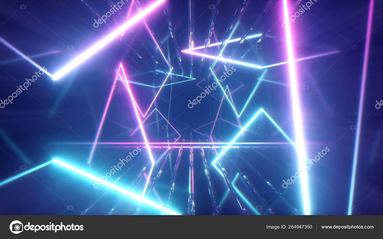 Flying through glowing neon lines creating a tunnel, blue red pink ...