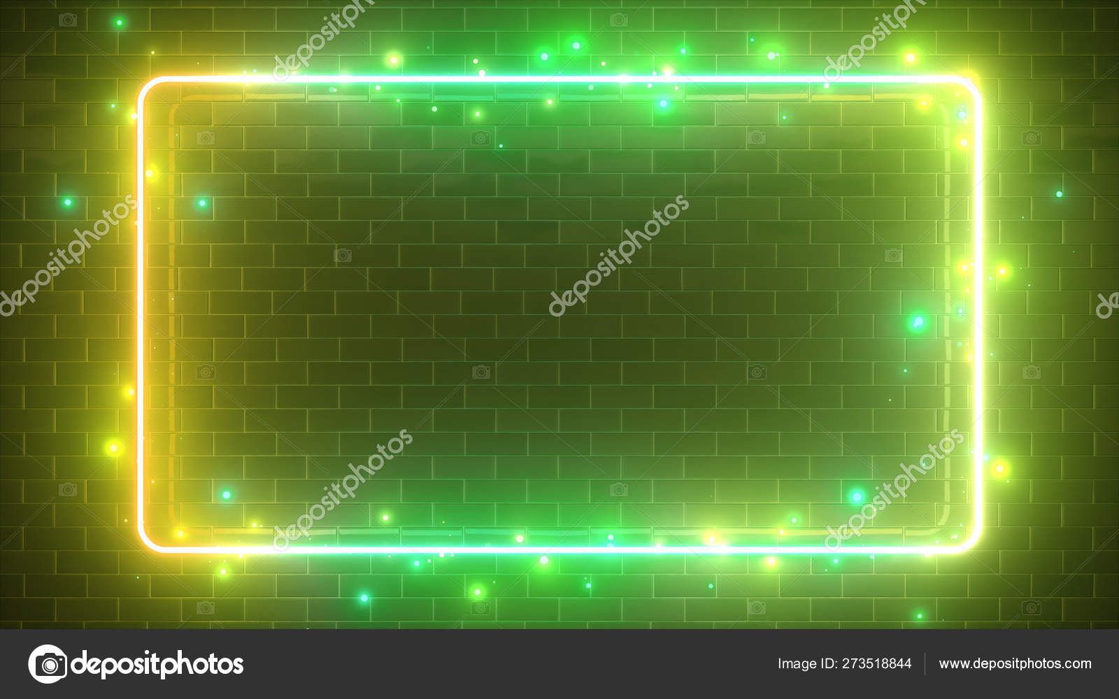 Rectangular neon sparkling luminous form on the background of a brick ...
