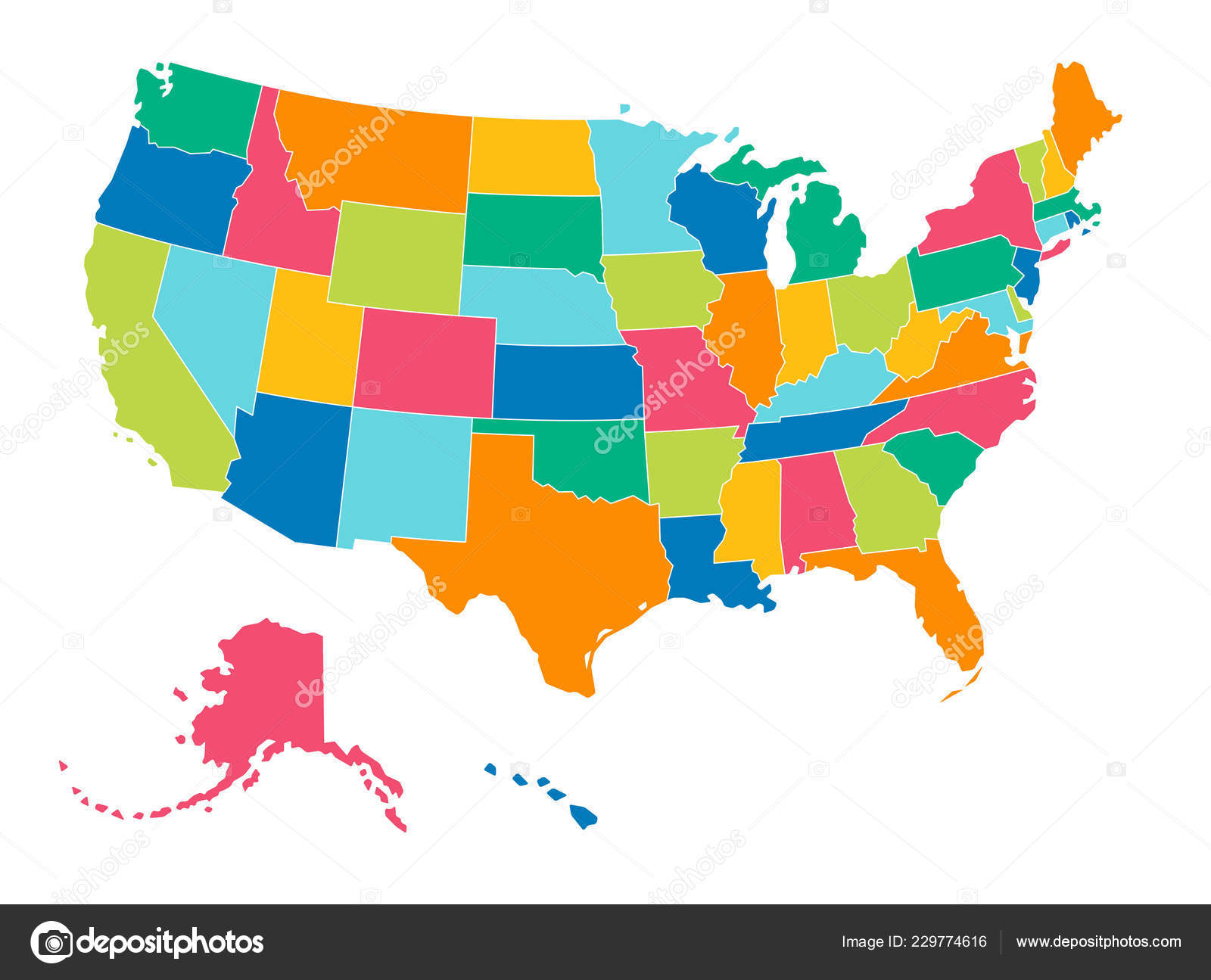 Simple Bright Colors Full Vector Political Map United States America ...