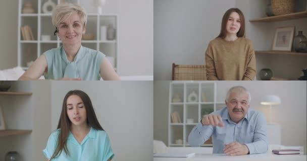 Diverse people look at web cameras listen webinar lecture participate ...