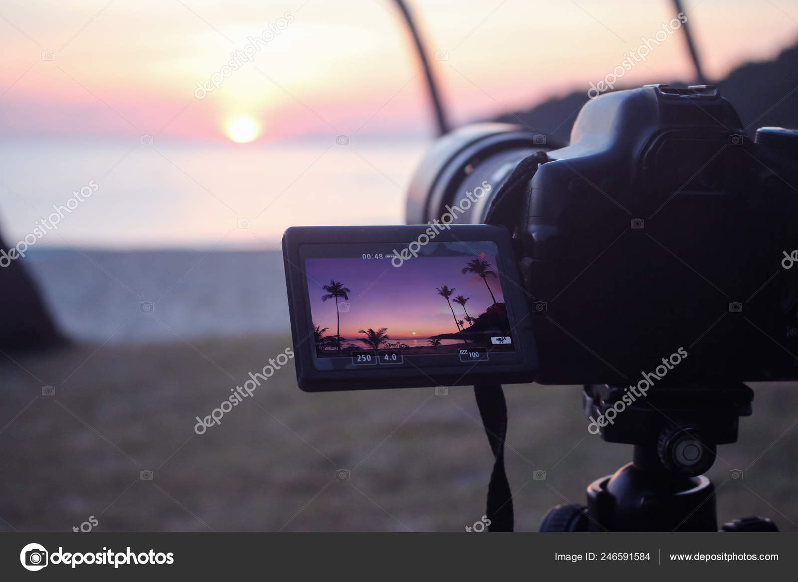 Camera Flip Screen While Recording Video View Sunrise Coconut Beach ...
