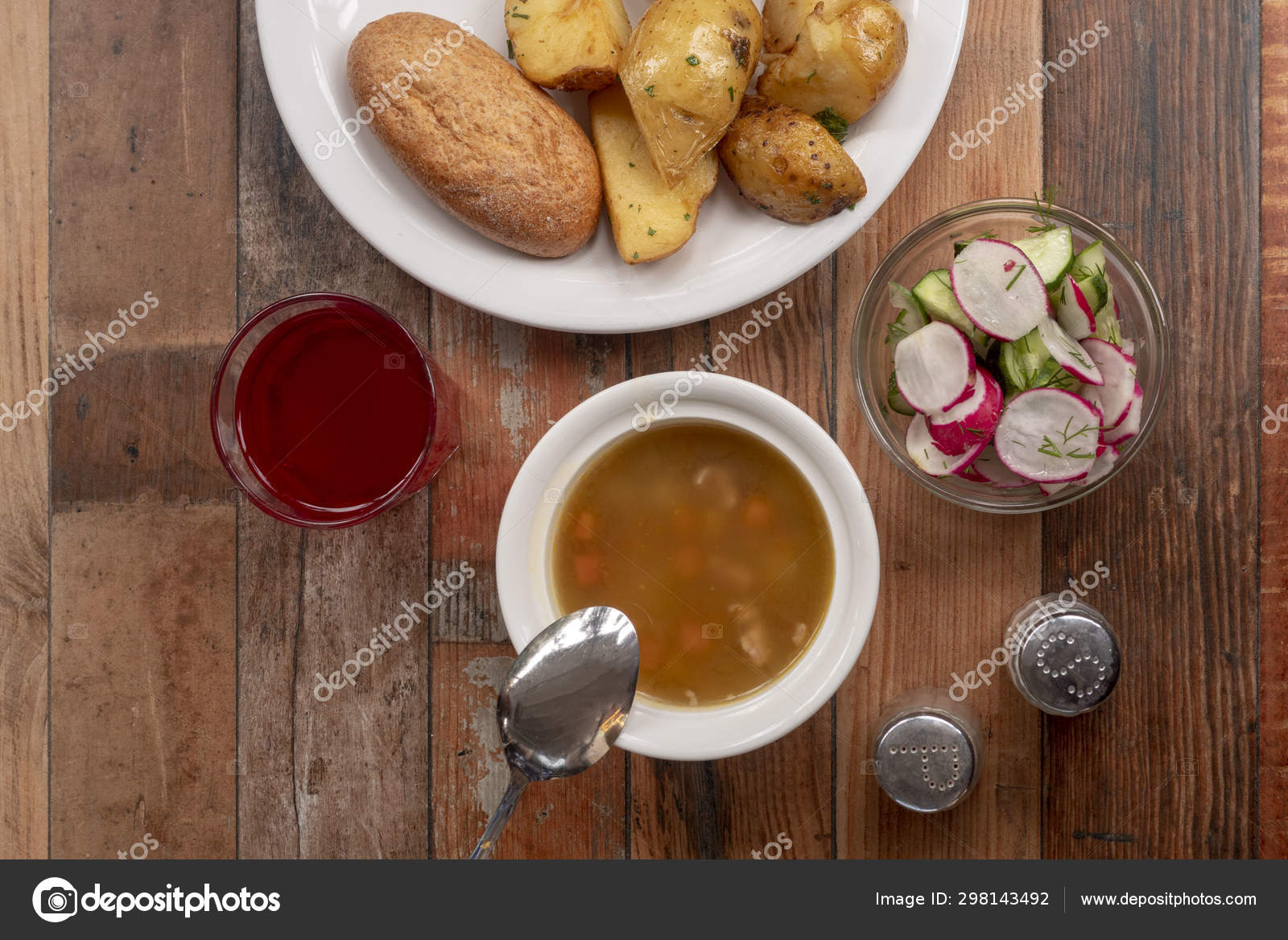 Set lunch, top view. Soup, side dish, salad, compote. — Stock Photo ...