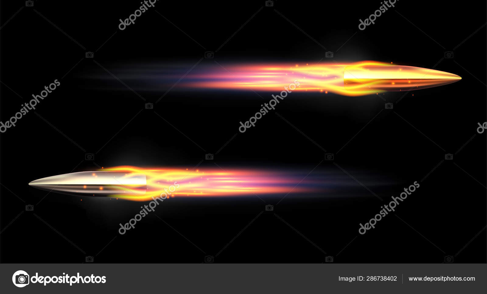 Vector realistic bullet. Flying bullet with a fiery trace. Shiny rifle ...