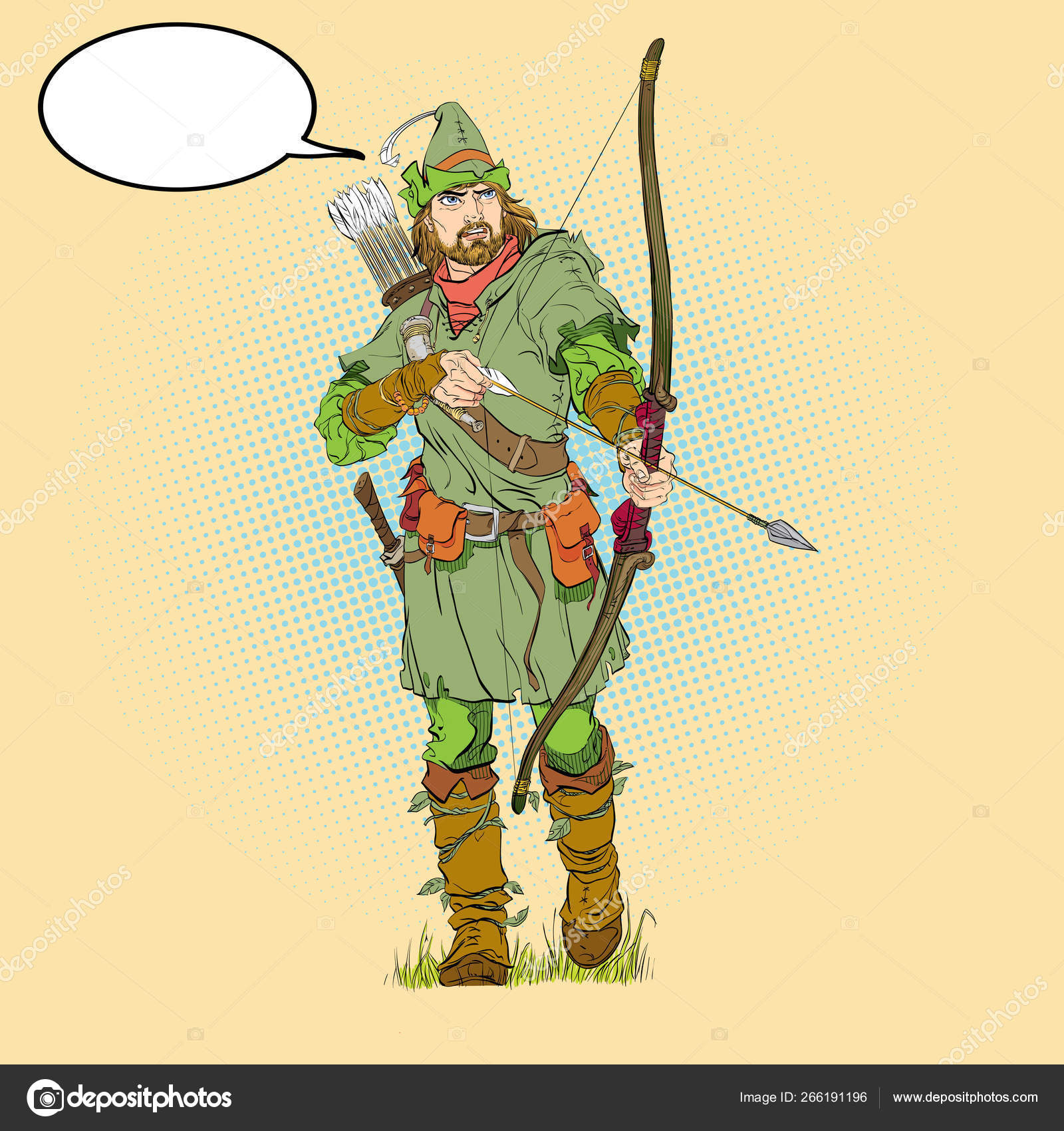 Robin Hood in a hat with feather. Defender of weak. Medieval legends ...