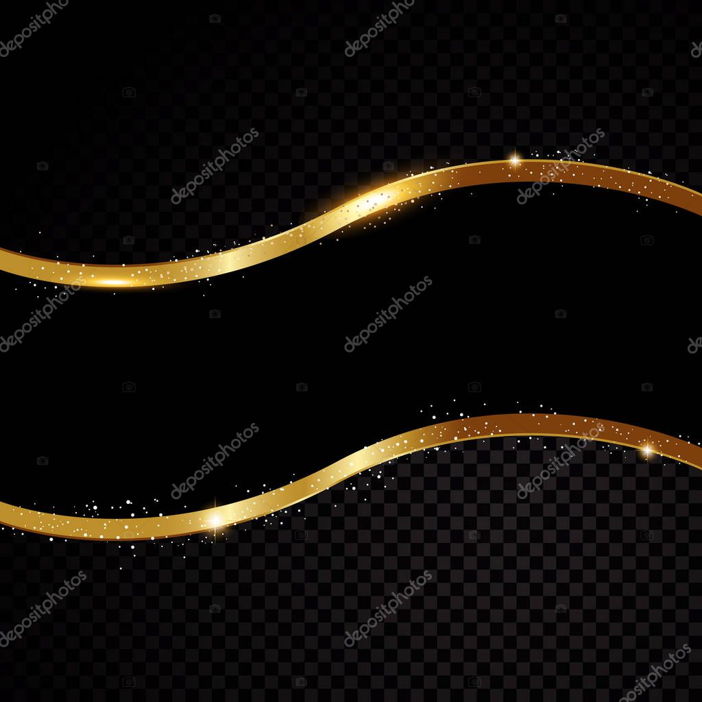 Doble línea dorada ondeando banner. Aislado sobre fondo negro ...