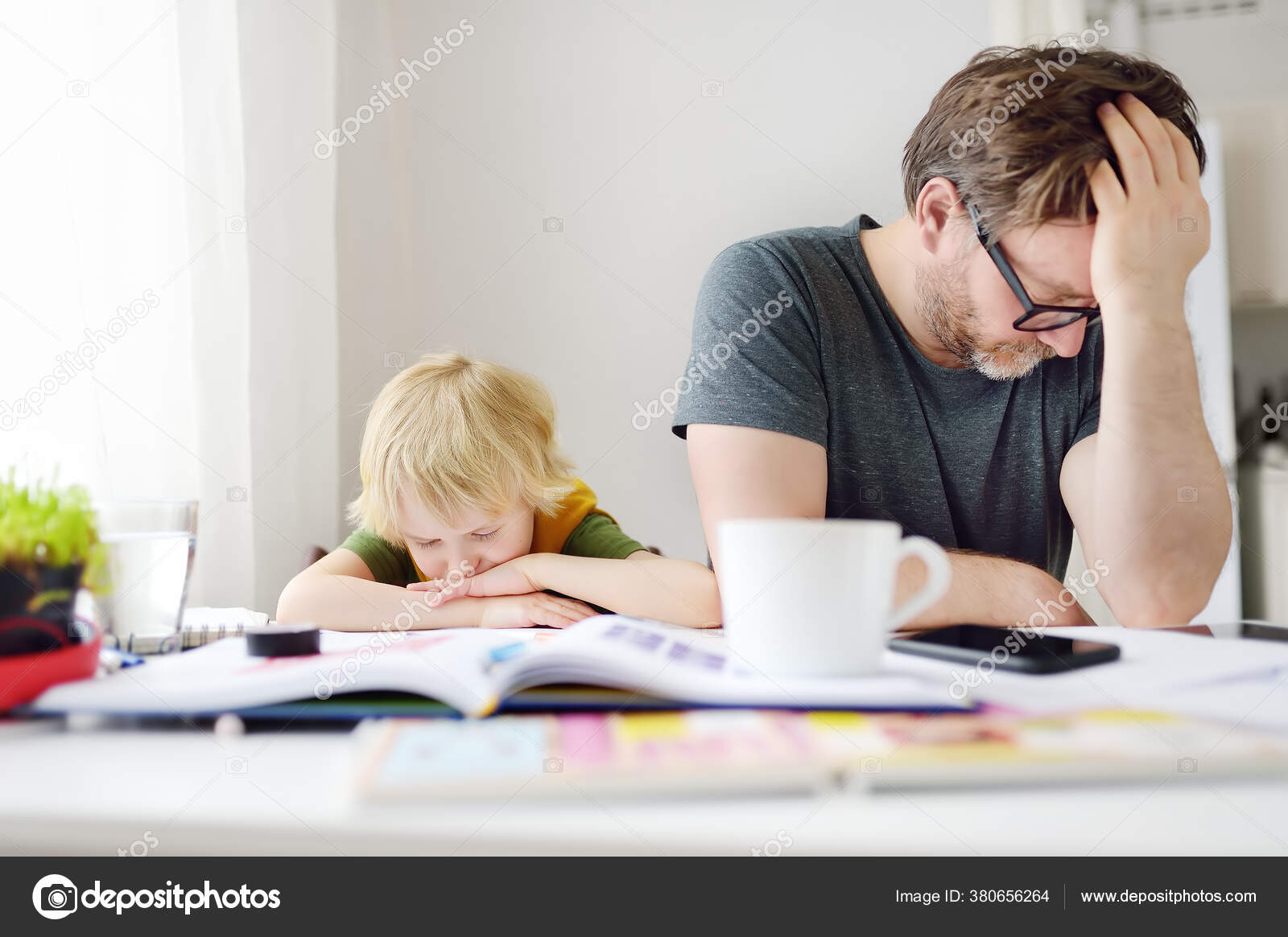 Tired Angry Father Trying Help His Son Doing Homework Bored Stock Photo ...