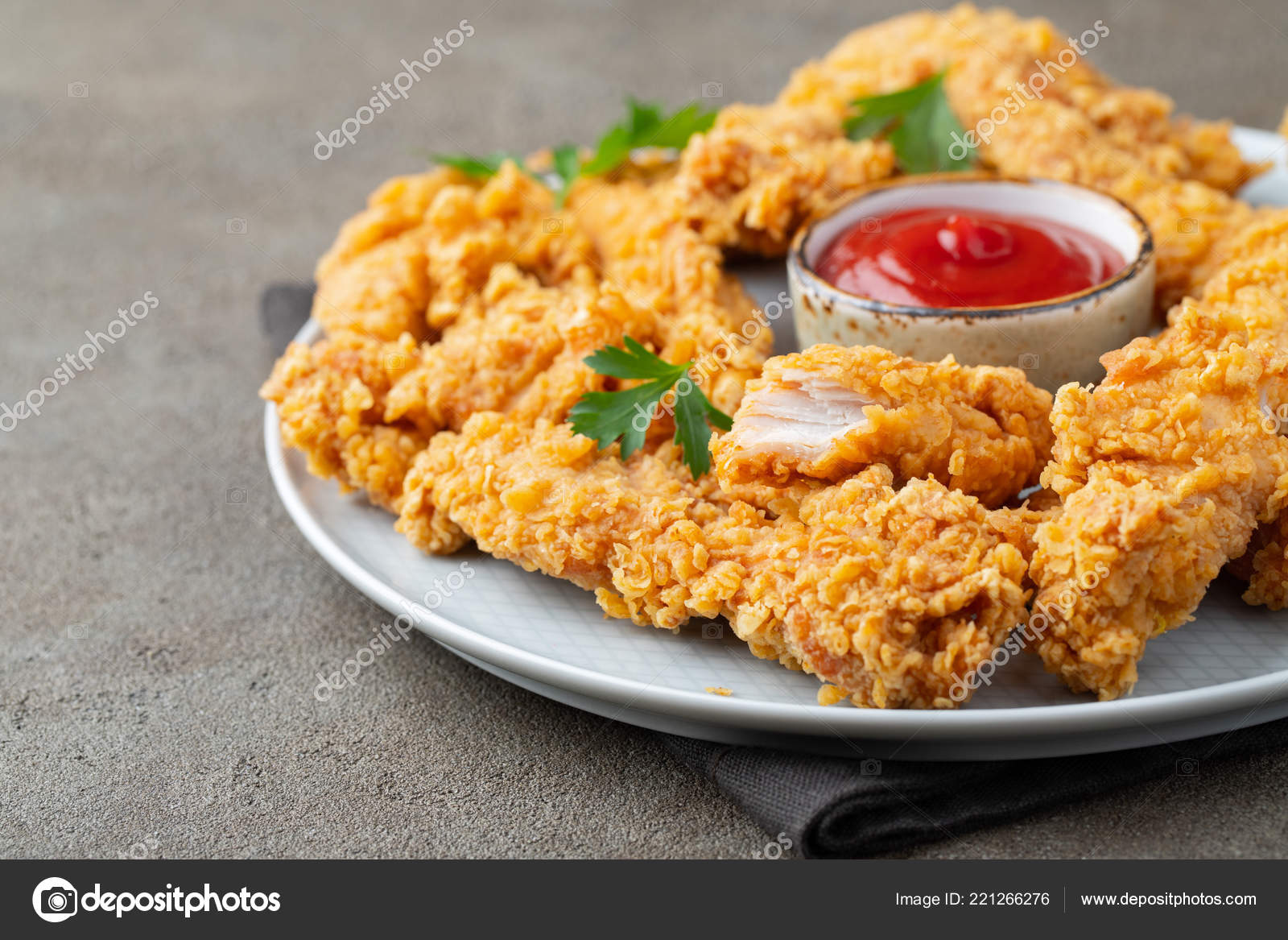 Breaded Chicken Strips Tomato Ketchup White Plate Fast Food Dark Stock ...