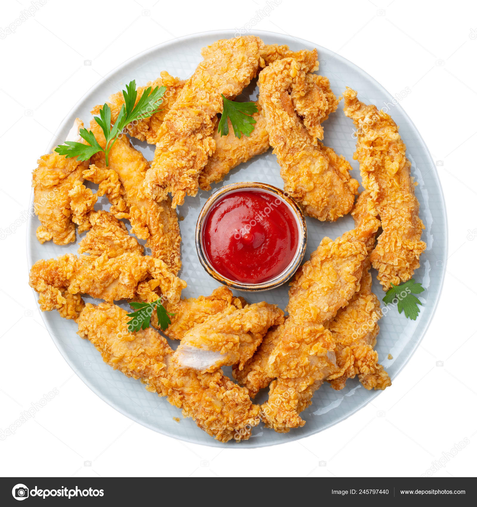 Breaded Chicken Strips Tomato Ketchup White Plate Fast Food Dark ...