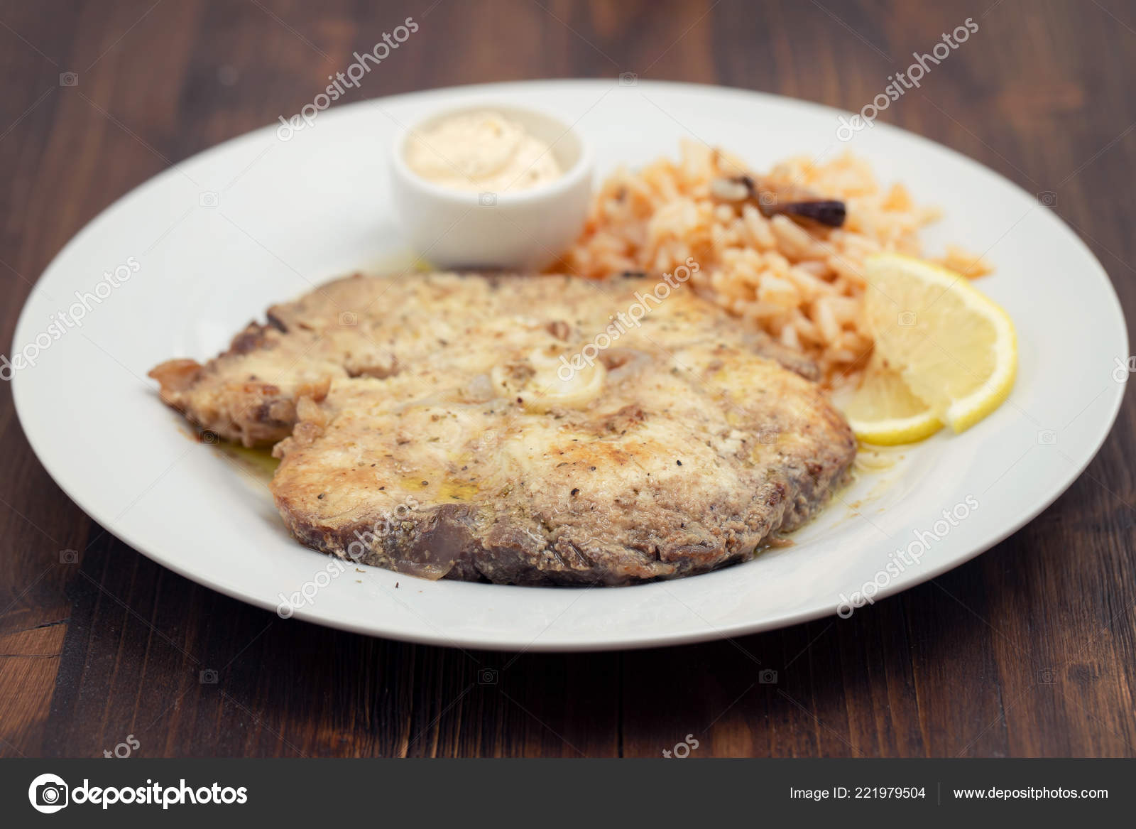 Fried Fish Rice Lemon White Plate — Stock Photo © nataliamylova #221979504