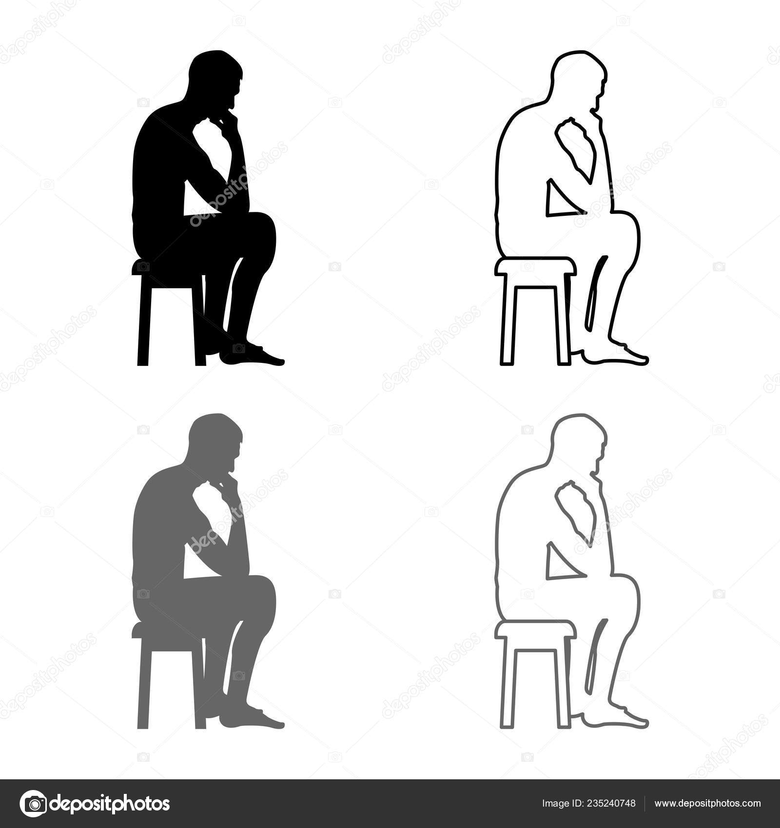 Thinking Man Sitting Stool Silhouette Icon Set Grey Black Color Stock ...