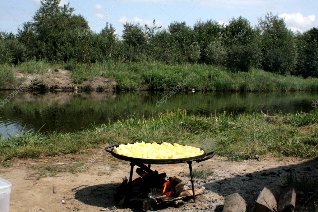 Patatas asadas en llamas. Naturaleza, leña, chimenea en la que se ...