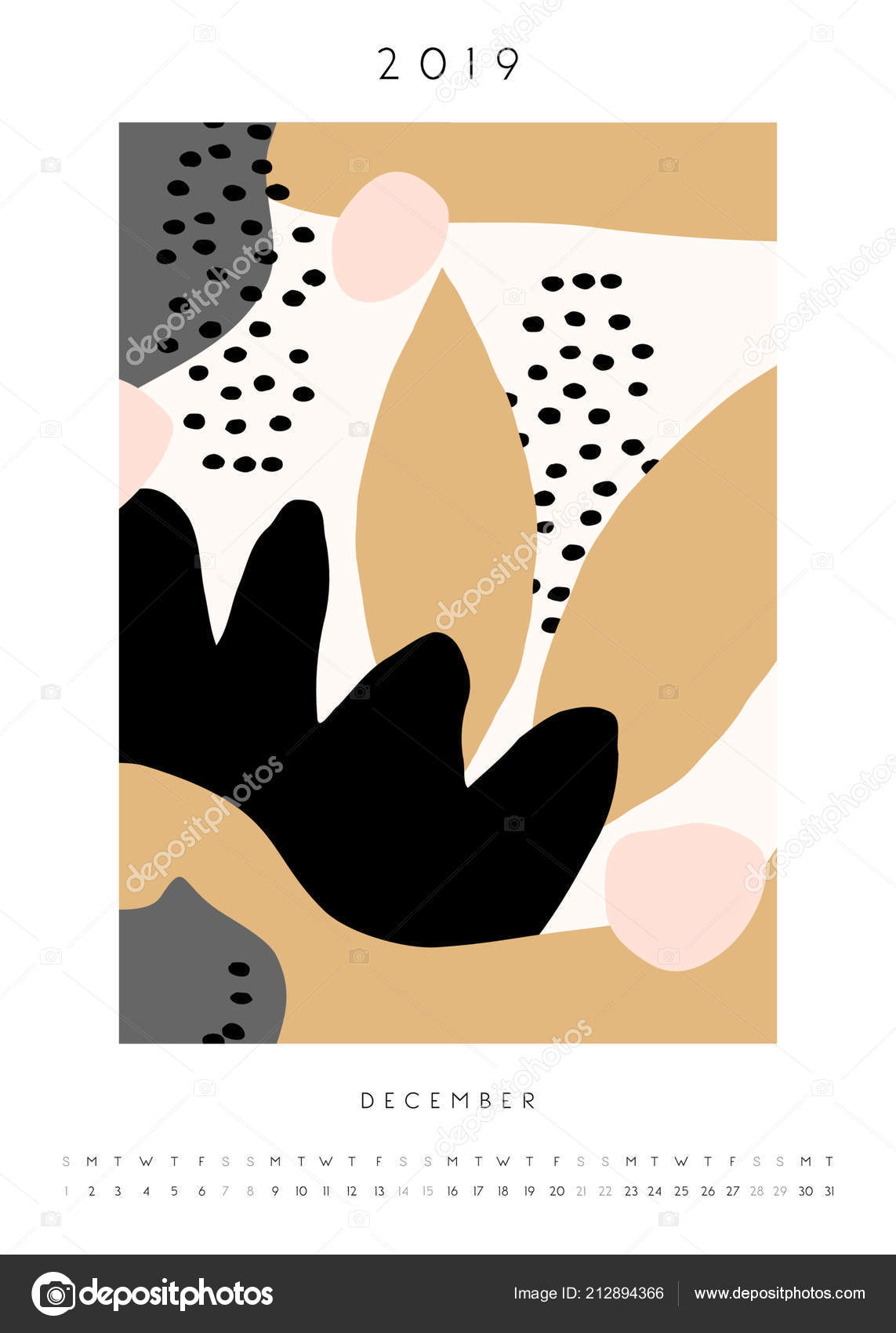 Printable December Kalender Skabelon Design Med Abstrakte Organiske ...