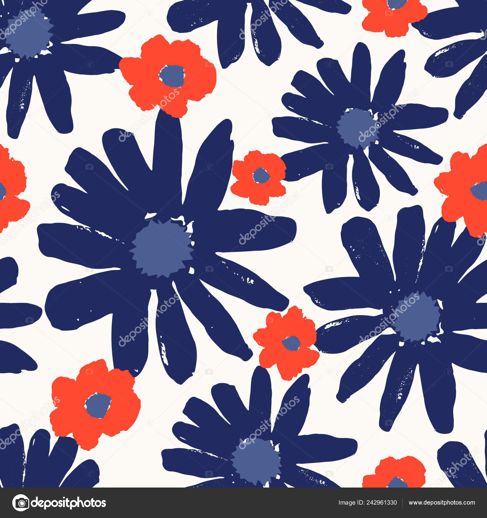 Seamless Repeating Pattern Hand Painted Flower Blossoms Red Blue Navy ...