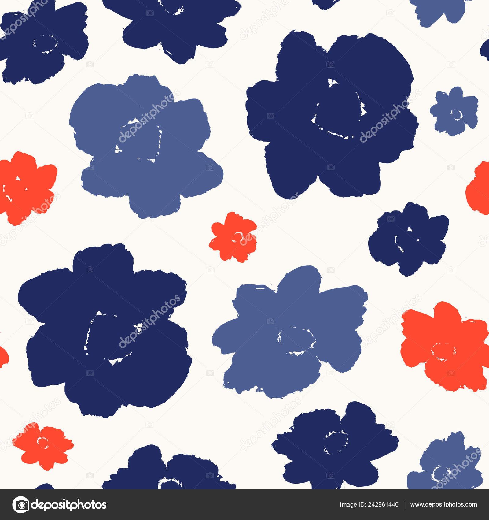 Seamless Repeating Pattern Hand Painted Flower Blossoms Red Blue Navy ...
