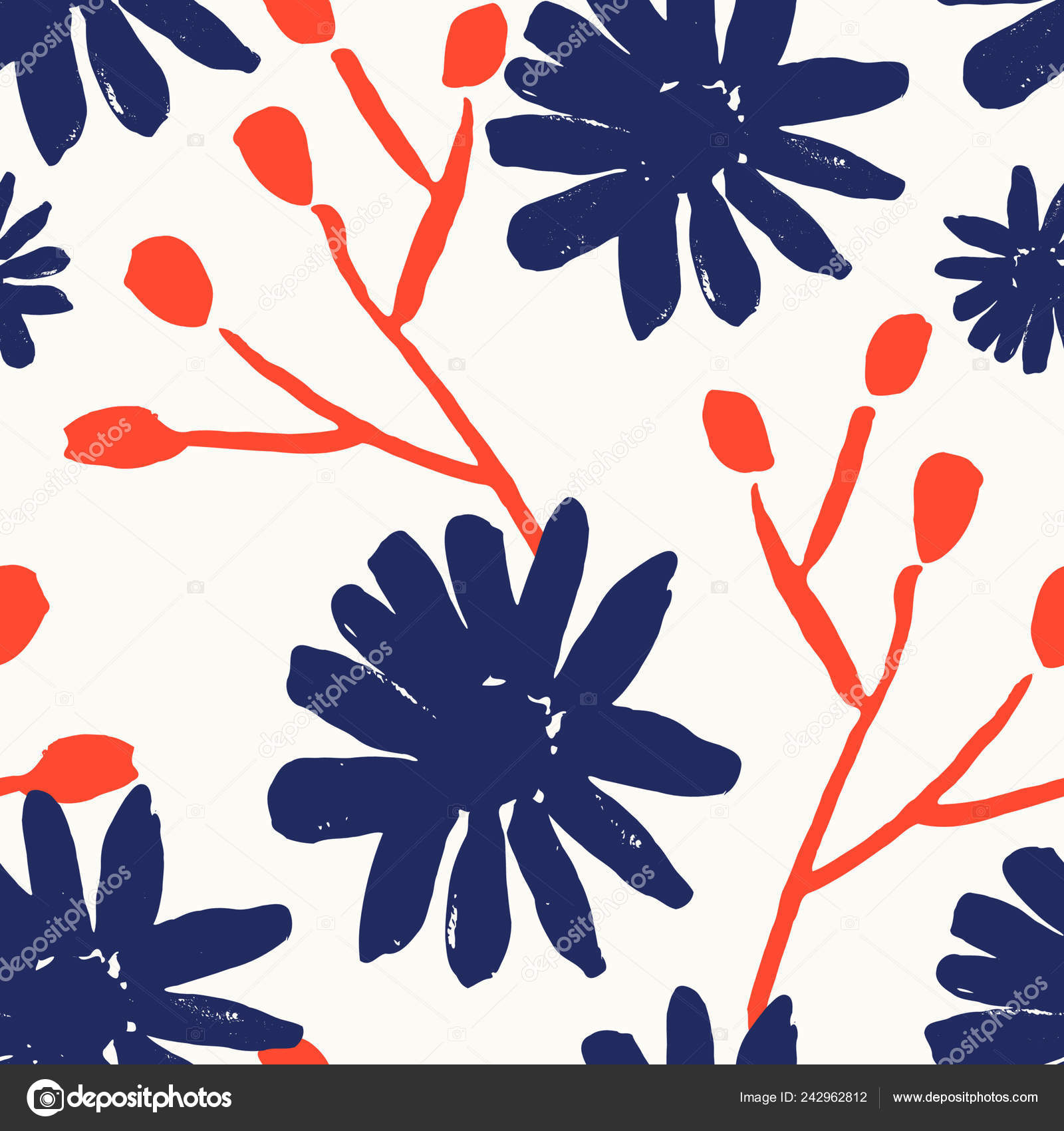 Seamless Repeating Pattern Hand Painted Flower Blossoms Branches Red ...
