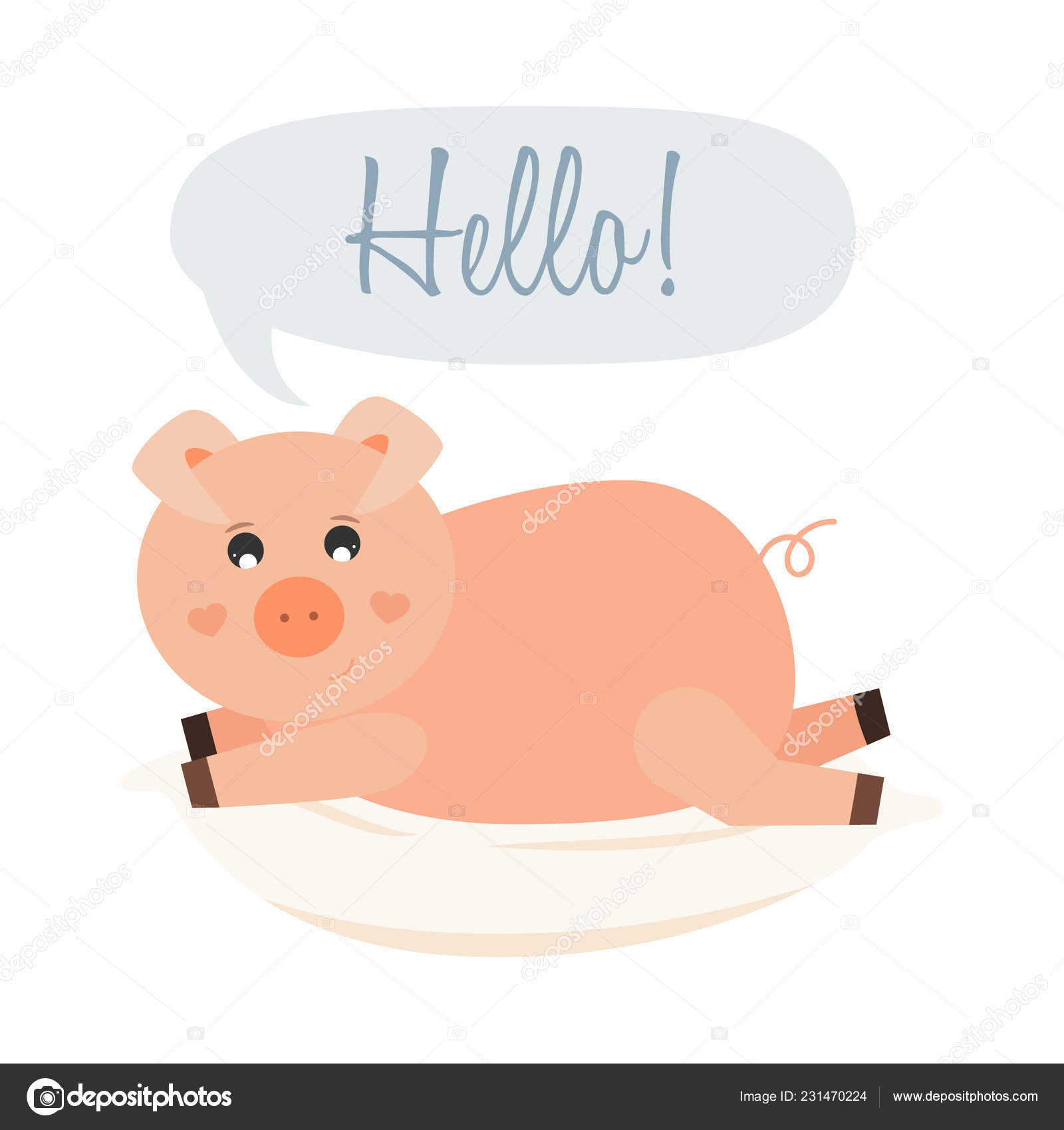 Pig Laying Pillow Saying Hello Cute Childish Vector Illustration Stock ...