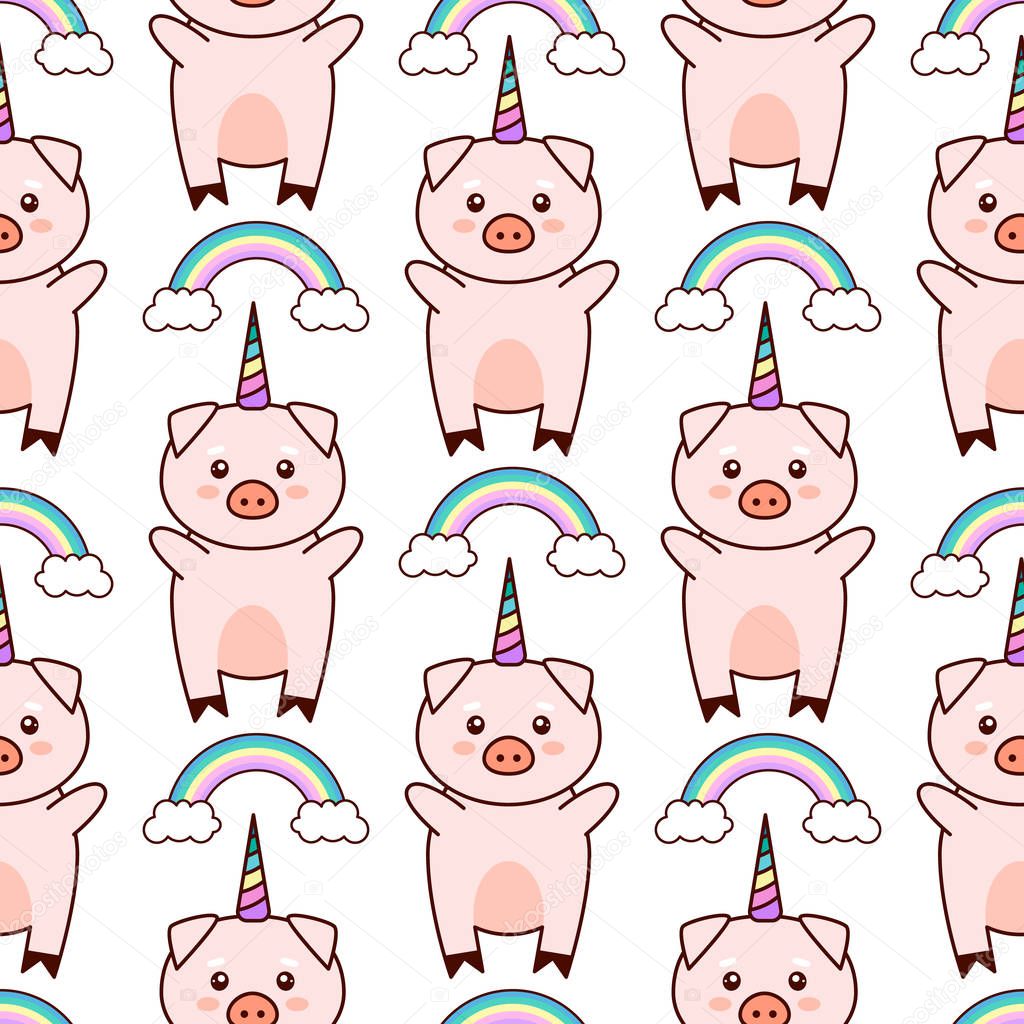 Pigs unicornio lindo patrón de dibujos animados, kawaii vector ilustración, aislado sobre fondo ...