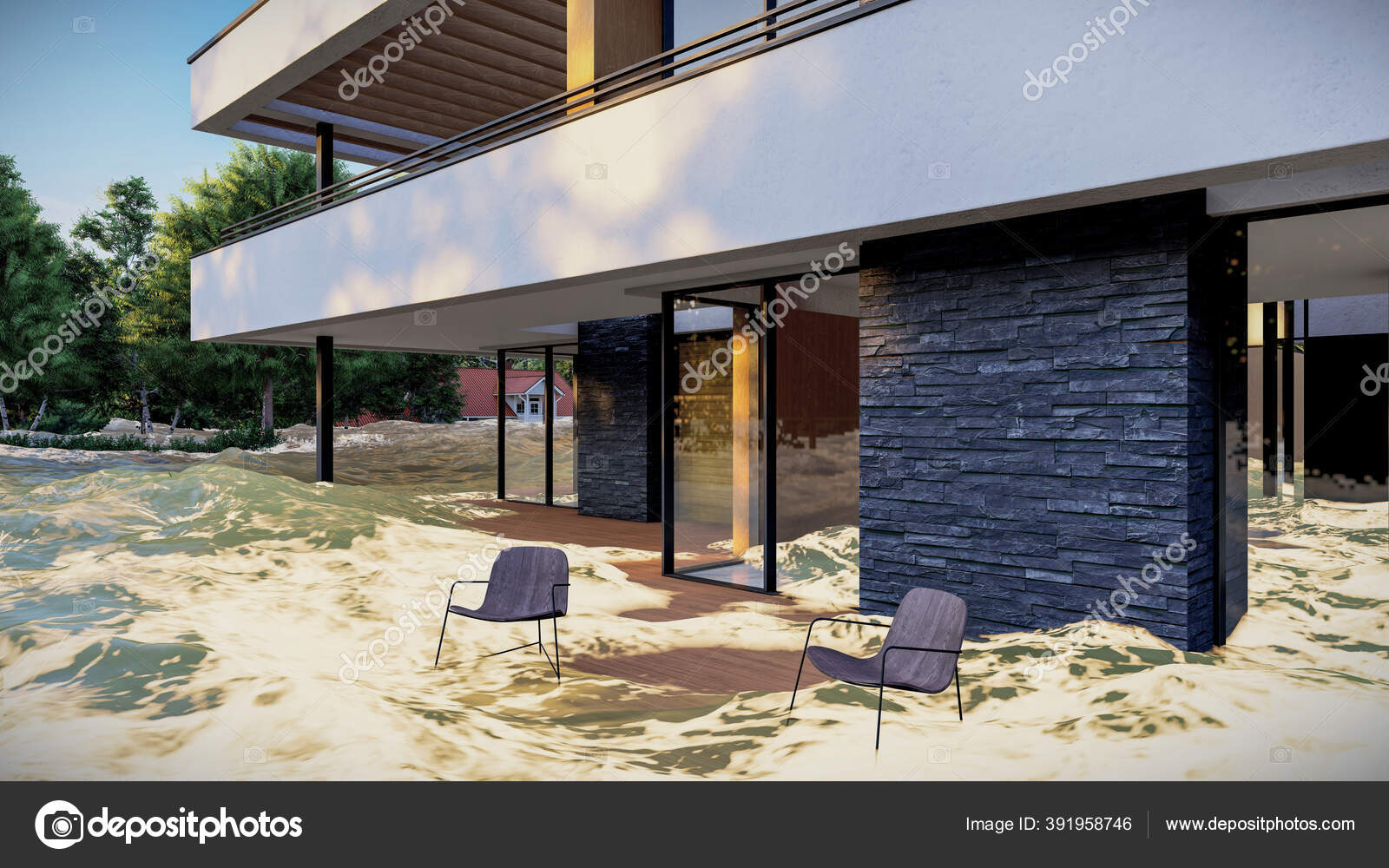 Flooded road during a flood caused by heavy rain 3d rendering Stock ...