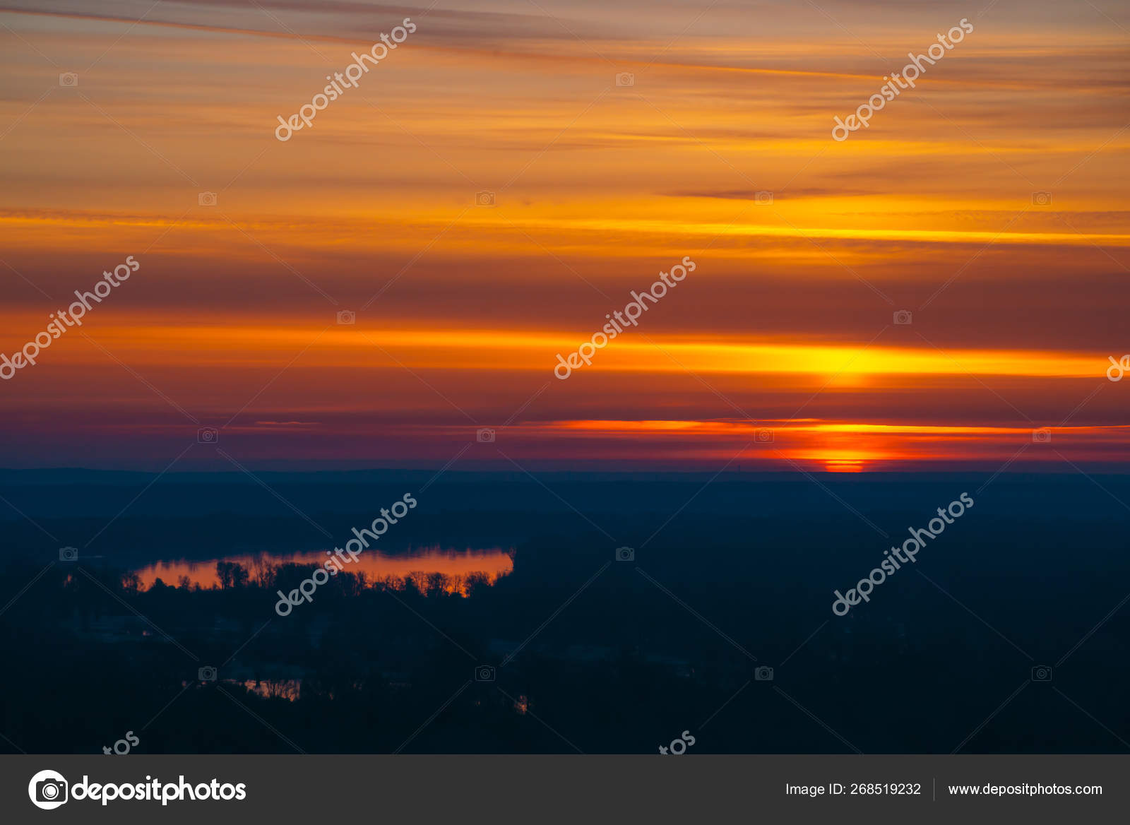 Big Red Sun Circle Rises Out Dark Horizon Background Varicolored ...
