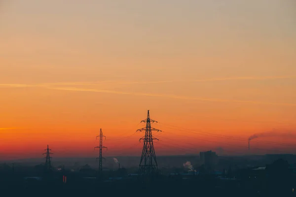 Power Lines City Dawn Silhouettes Urban Buildings Smog Sunrise Cables ...