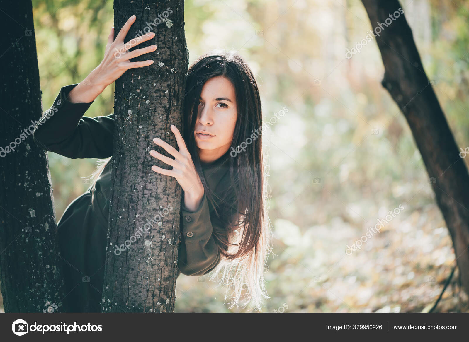 Scared Girl Alone Forest Hiding Tree Trunk Lonely Girl Got Stock Photo ...