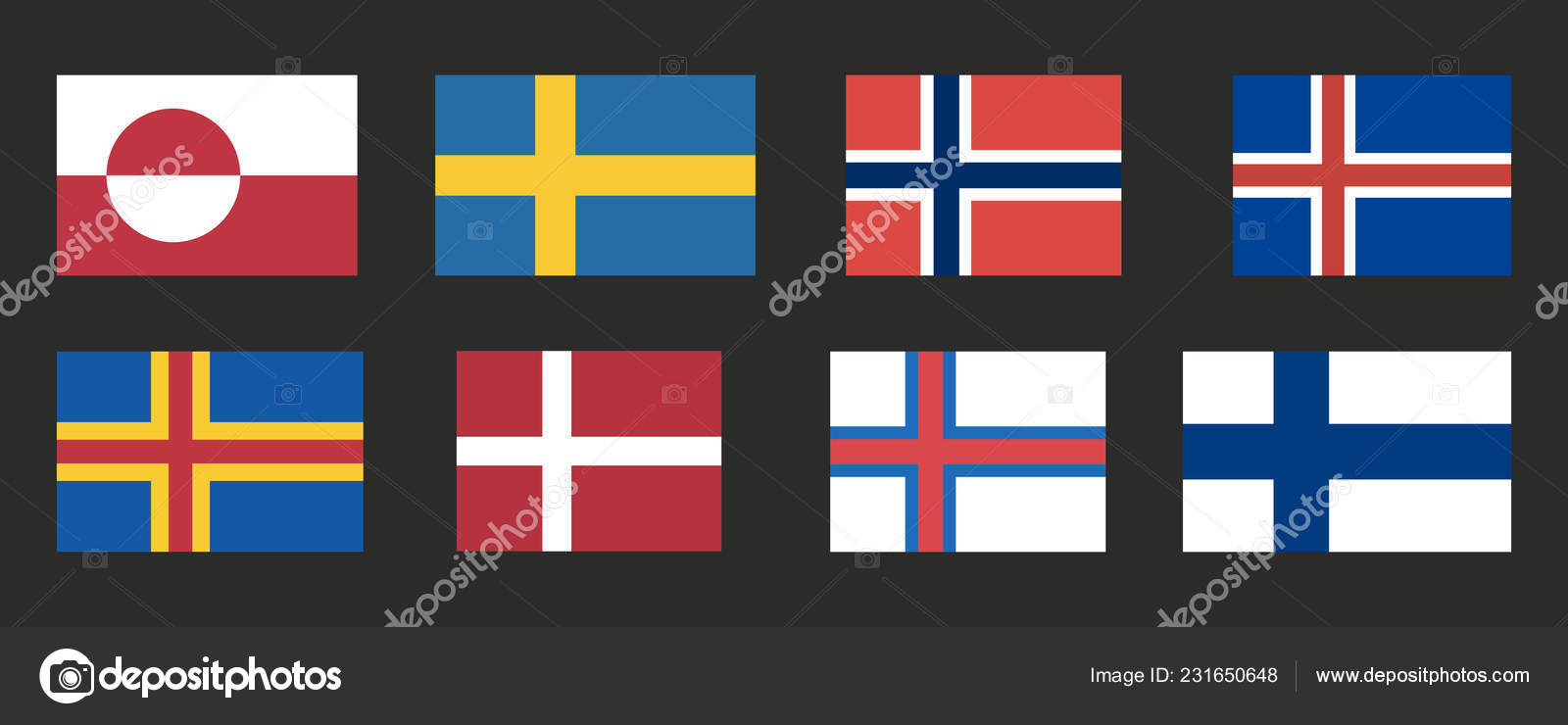 Nordic Countries Flags Isolated Black Background Vector Illustration ...
