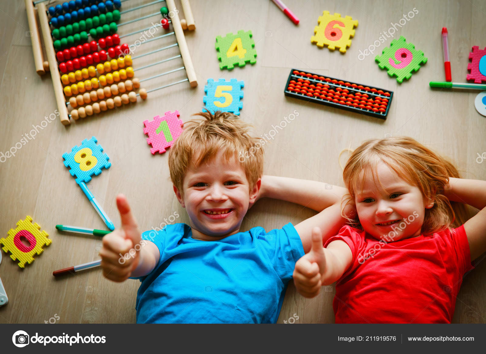 Happy kids enjoy learning numbers, arithmetic, abacus calculation Stock ...