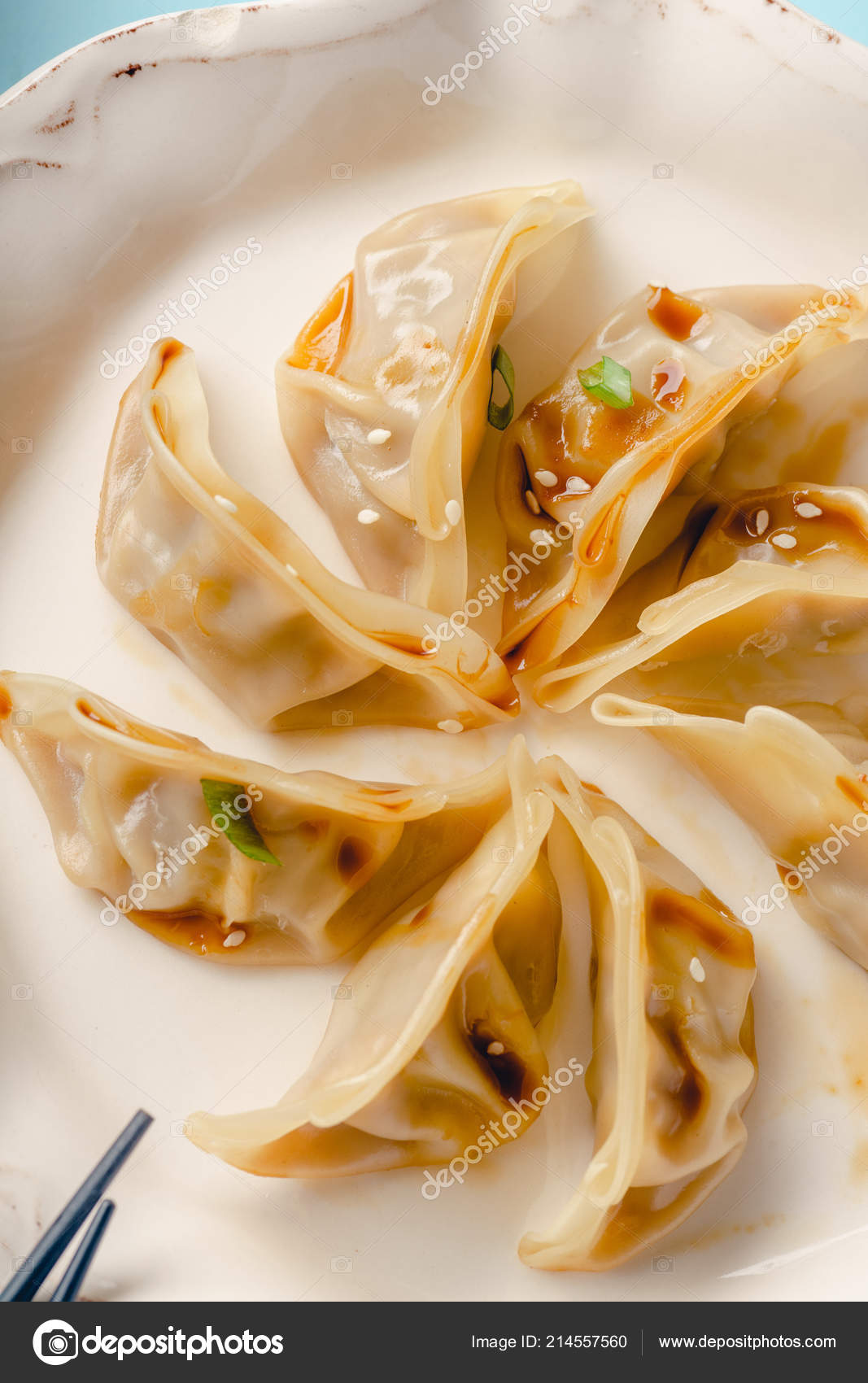 Gyoza Dumplings Duck Cooked Bamboo Steamer Served Plate Blue Background ...